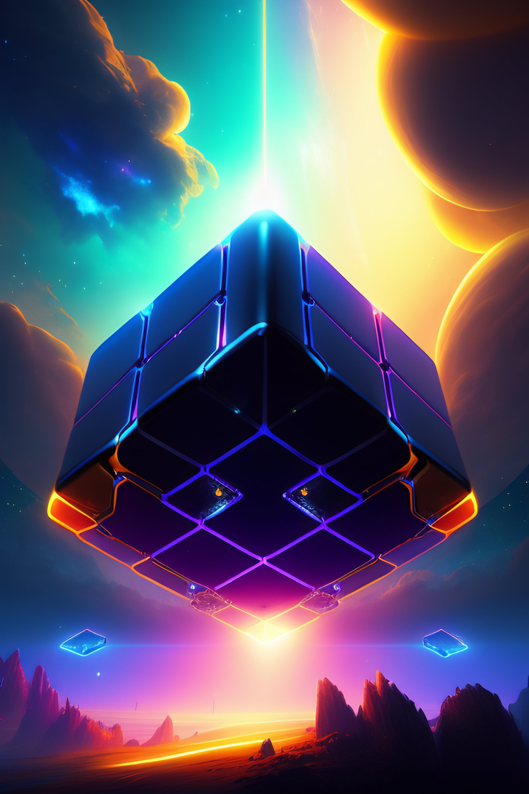 Lexica - A fleet of giant glowing futuristic circuit cubes tied to each ...