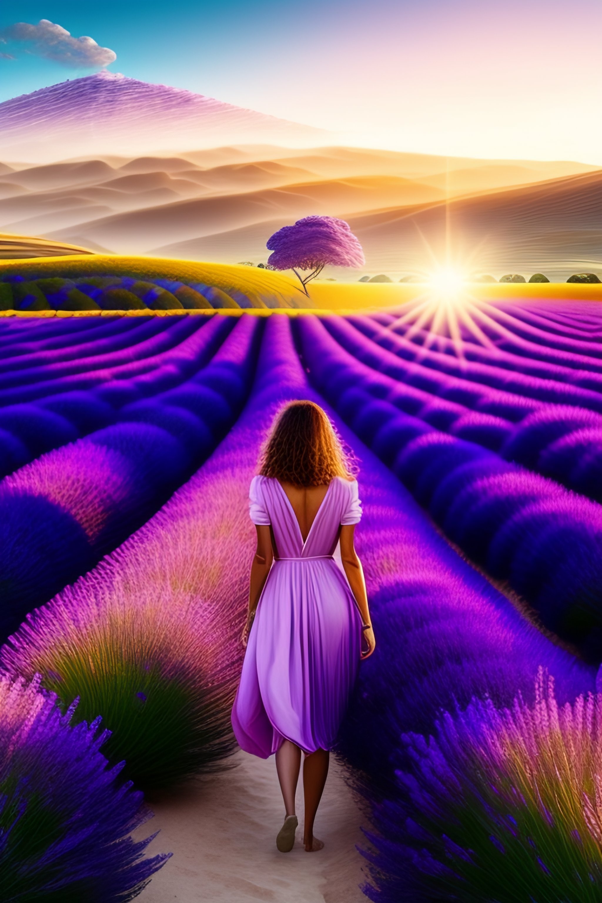 Lexica - Woman in field of lavender, distant, facing towards viewer ...