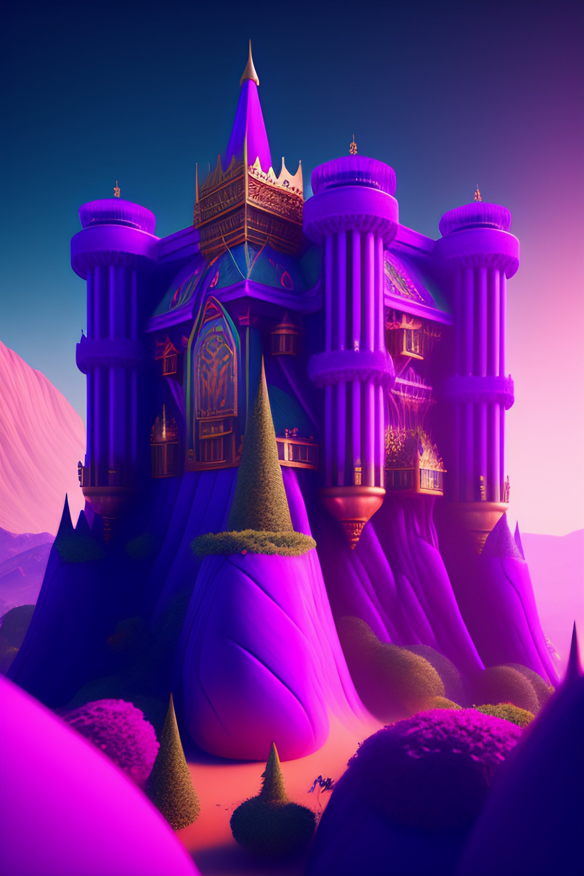 Lexica - A kingdom, a castle on a purple alien planet. Vibrant colors ...