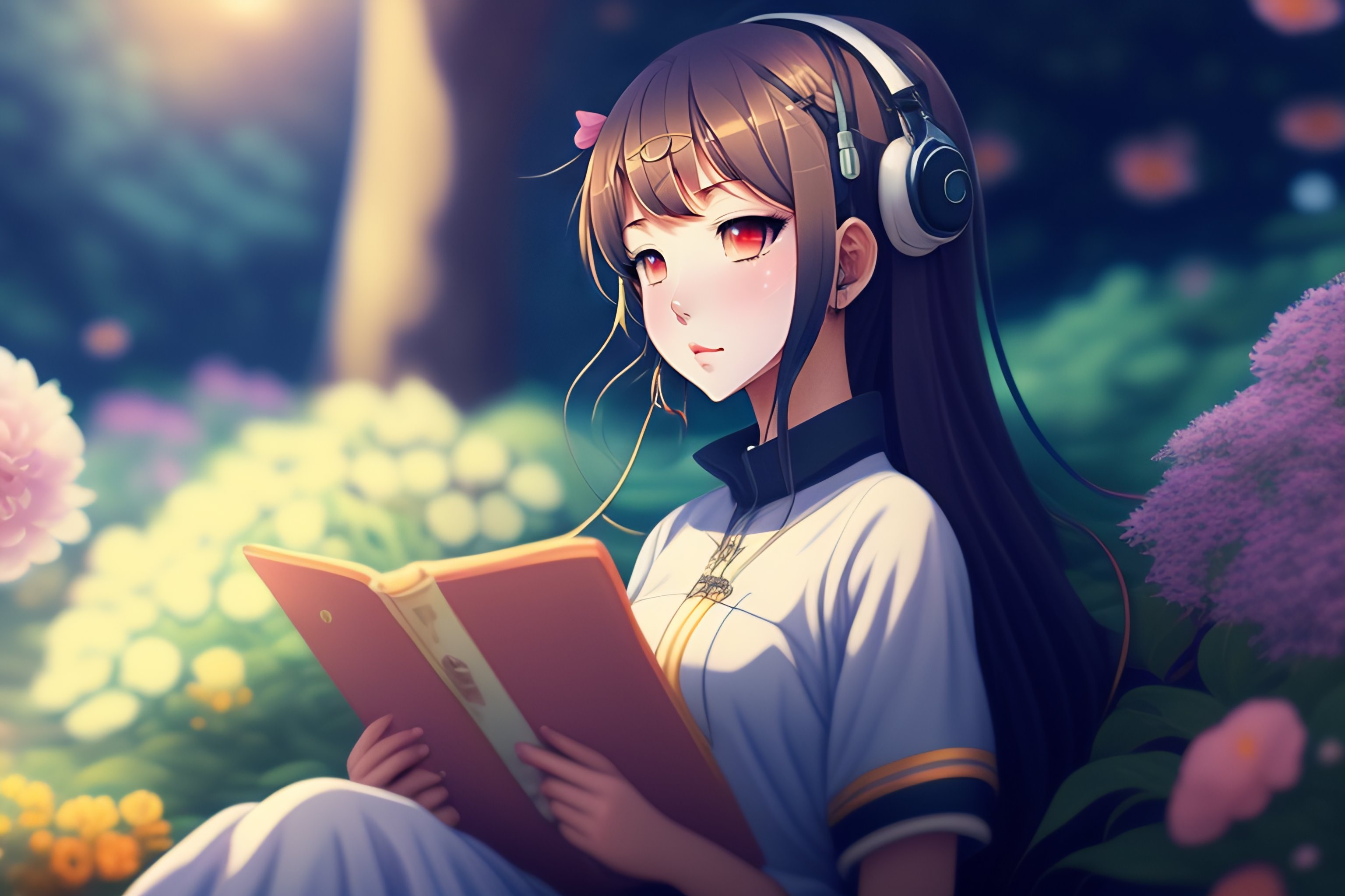 Lexica - Anime girl study, relax ambient, lofi music, garden