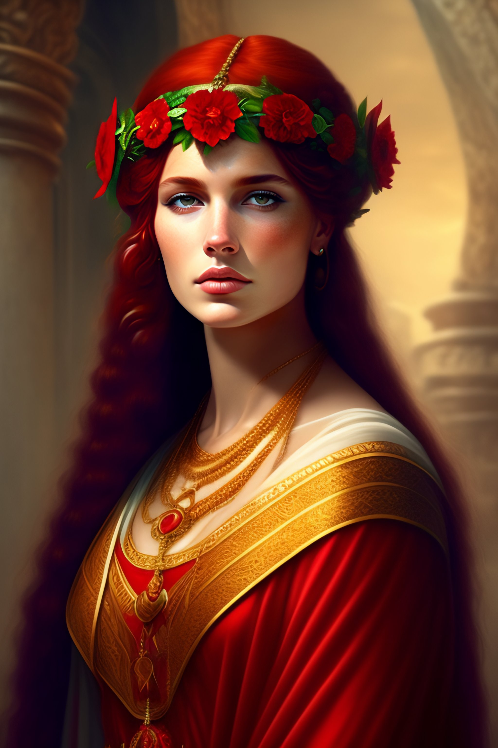 Lexica - Priestess red-haired sad girl in ancient greece wearing laurel ...