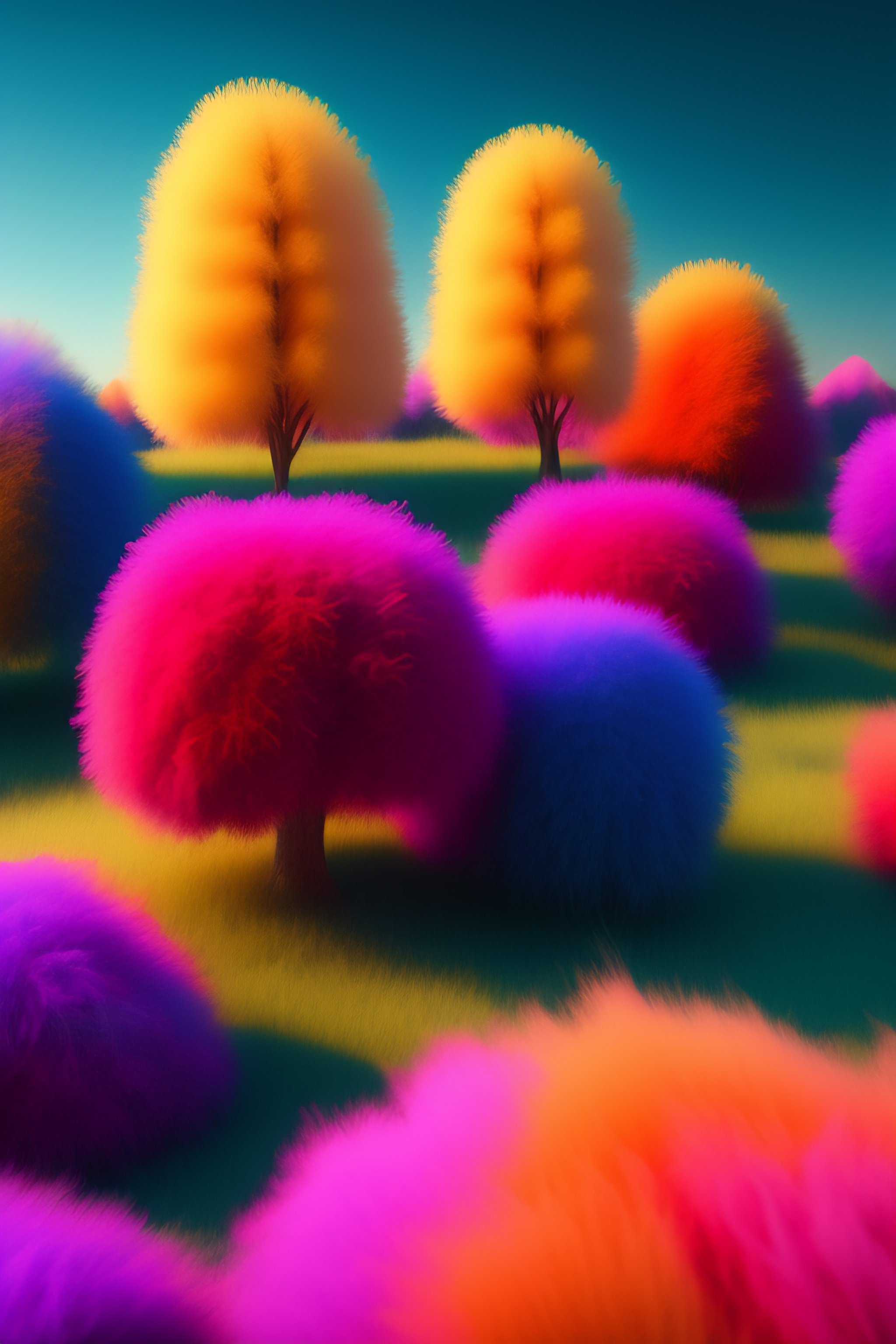 Lexica - Colorful fluffy trees made of fur in a field, Blender render ...