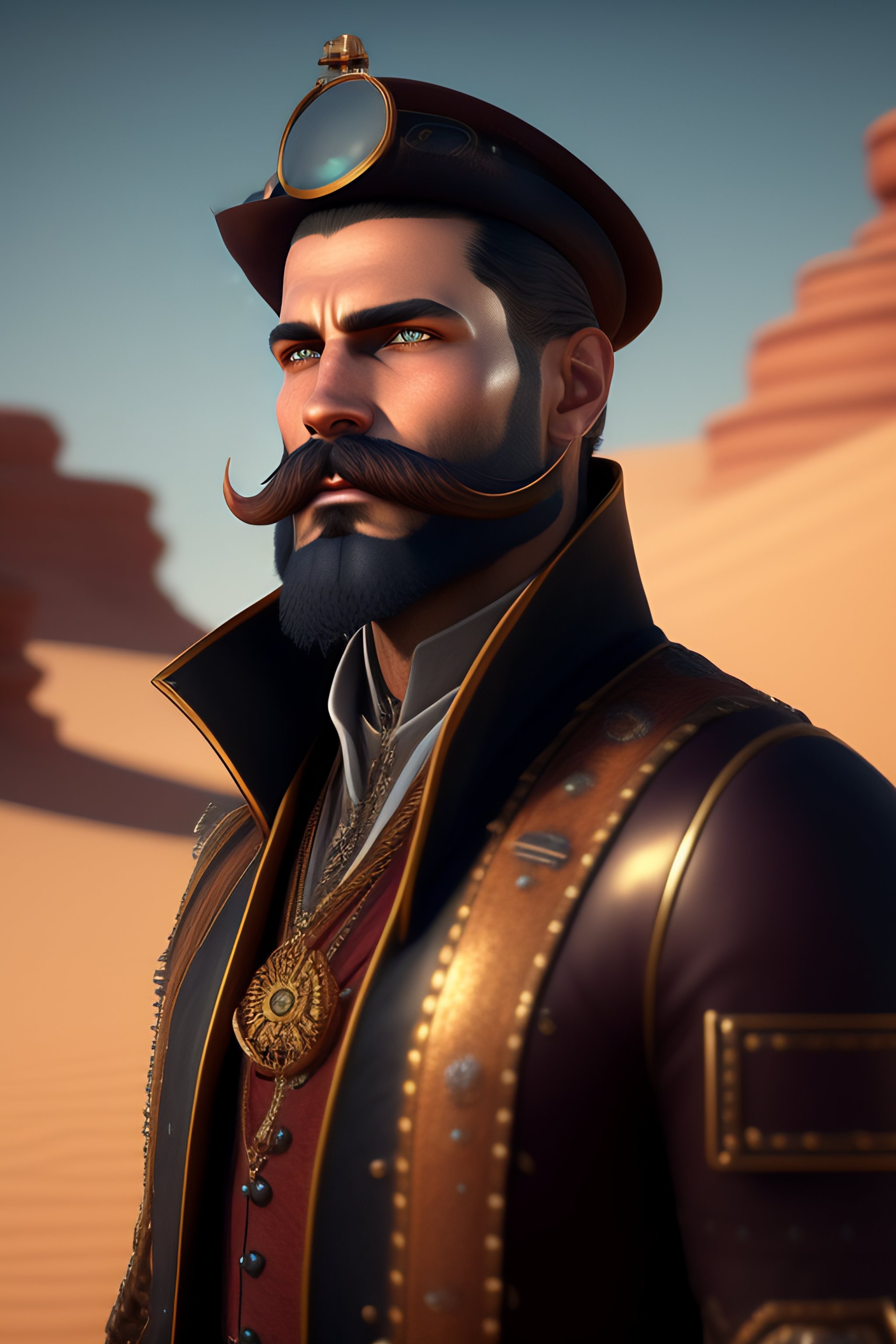 Lexica - Steampunk, man, moustache, beard, desert, unreal engine ...