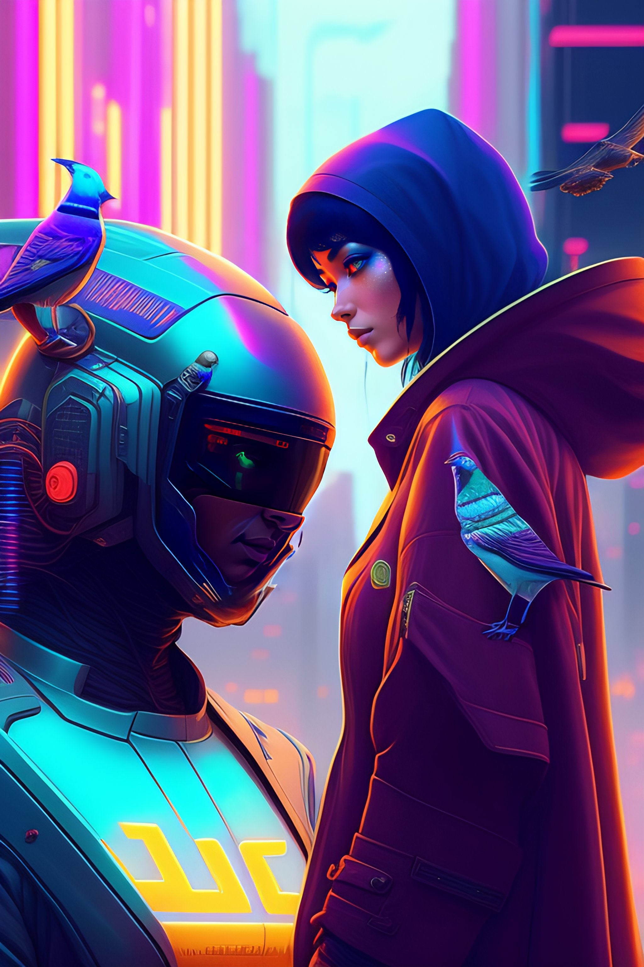 Lexica - Cyborg feeding electric pigeons in front of a neon church ...