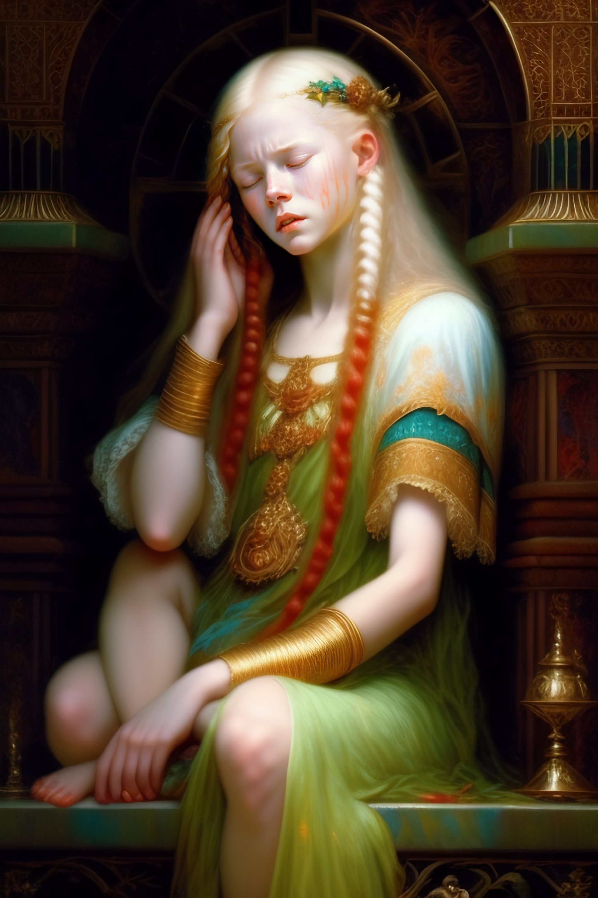 Lexica - 12 years old crying albino vampire female in a temple sitting ...