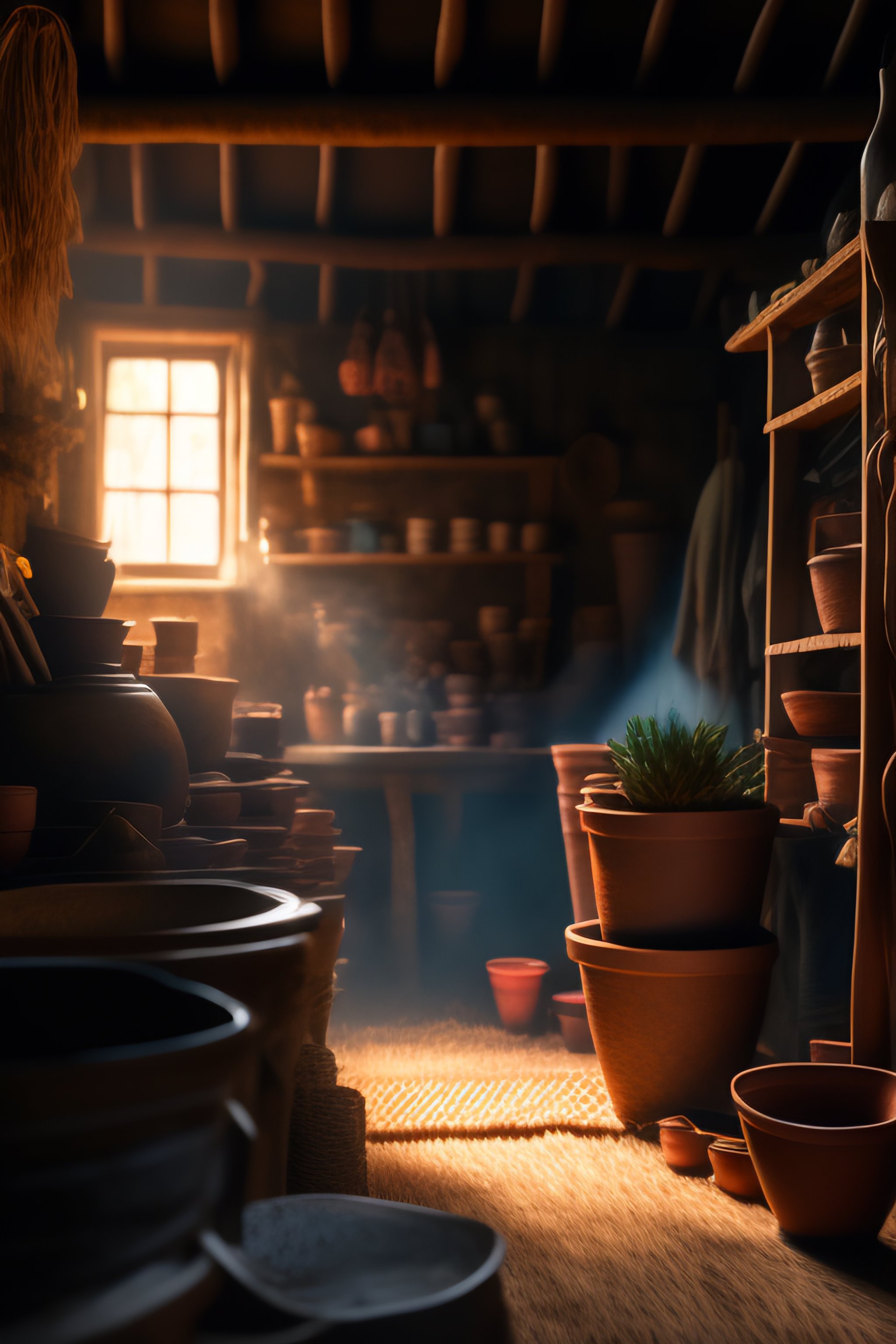 Lexica - Jesus in a shack full of cluttered and messy clay pots, action ...