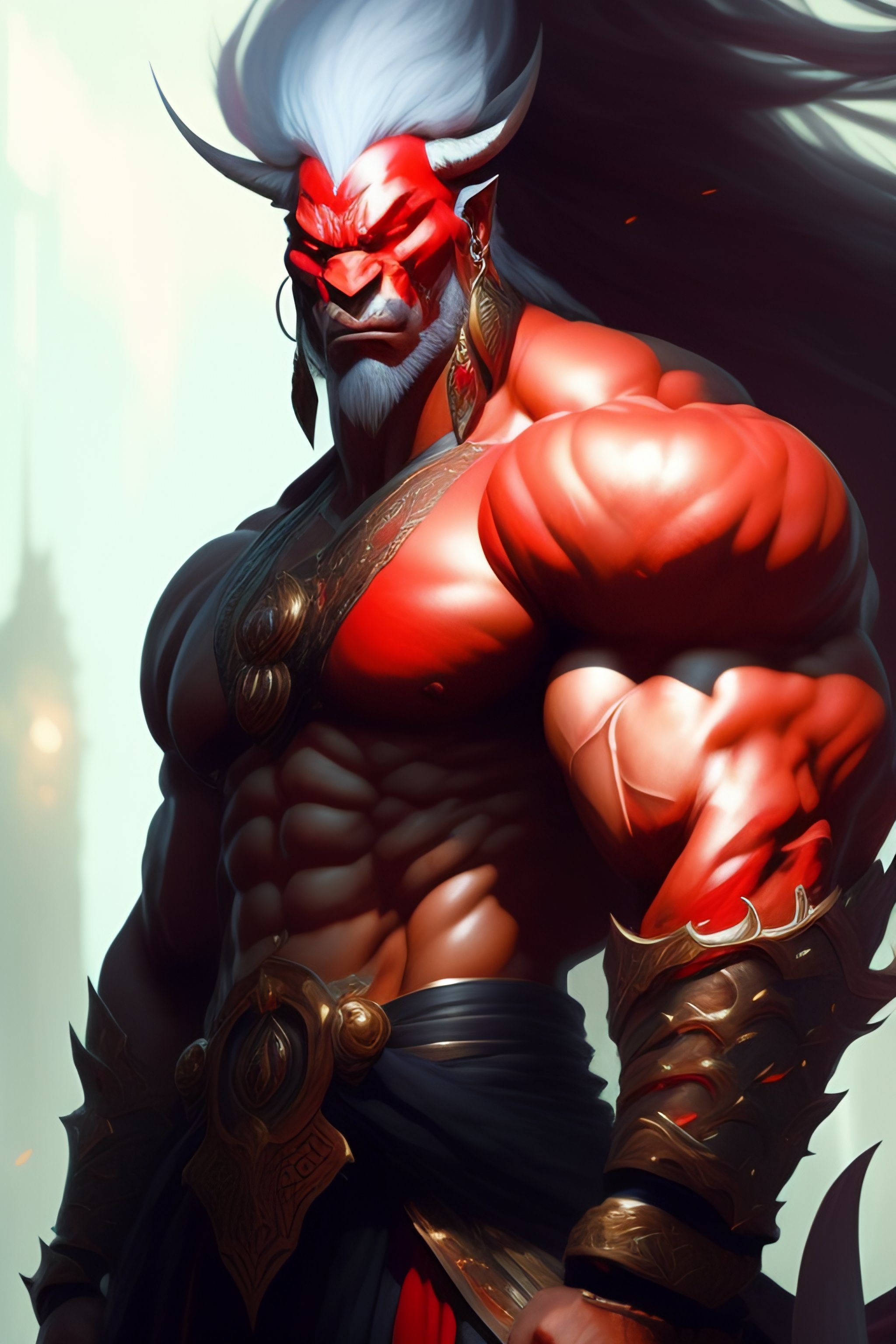 Lexica - A male muscular red oni with white hair ronin with four arms by greg rutkowski, digital ...