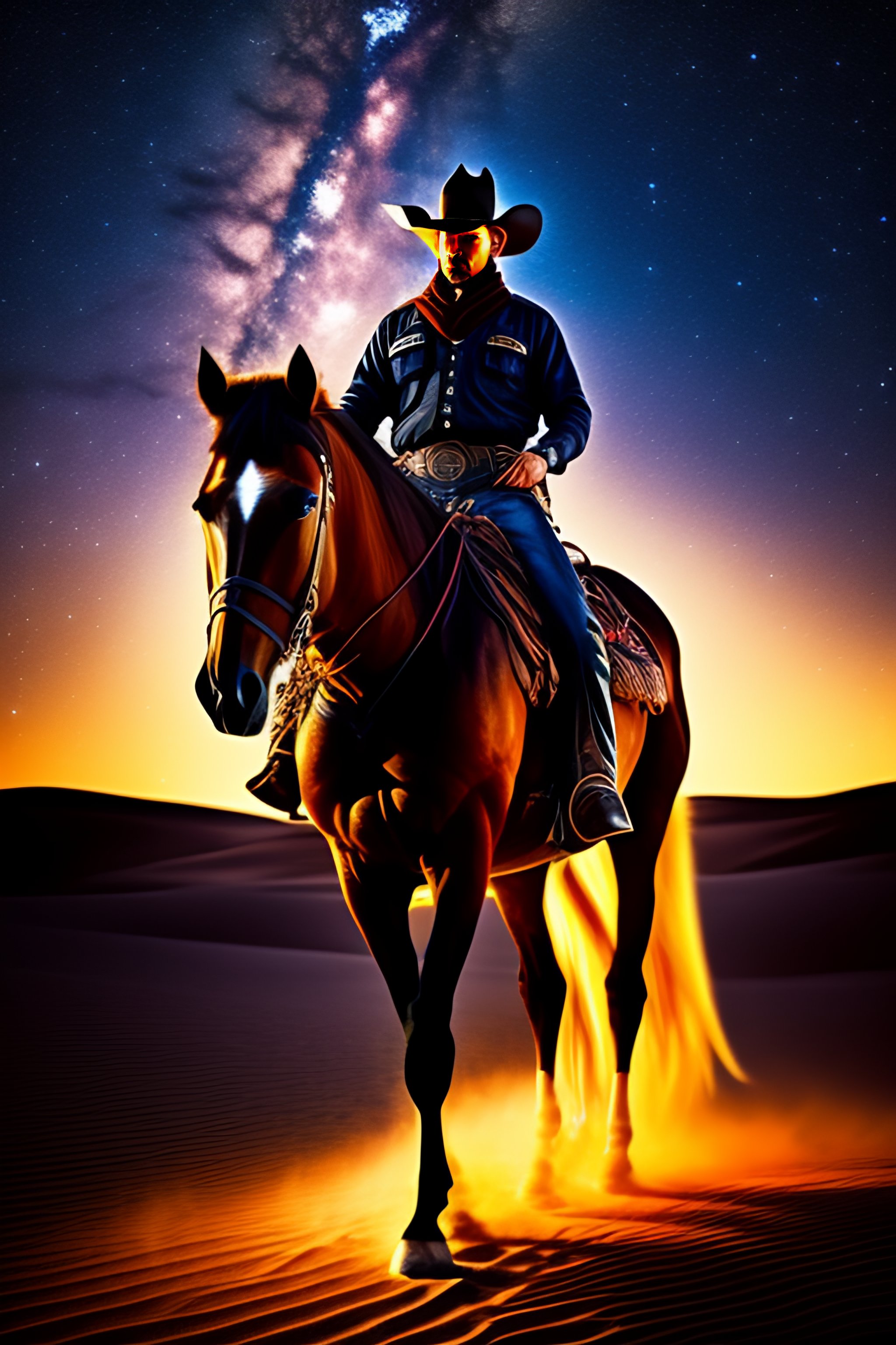 Lexica - Western Cowboy riding his horse at night under the milky way ...