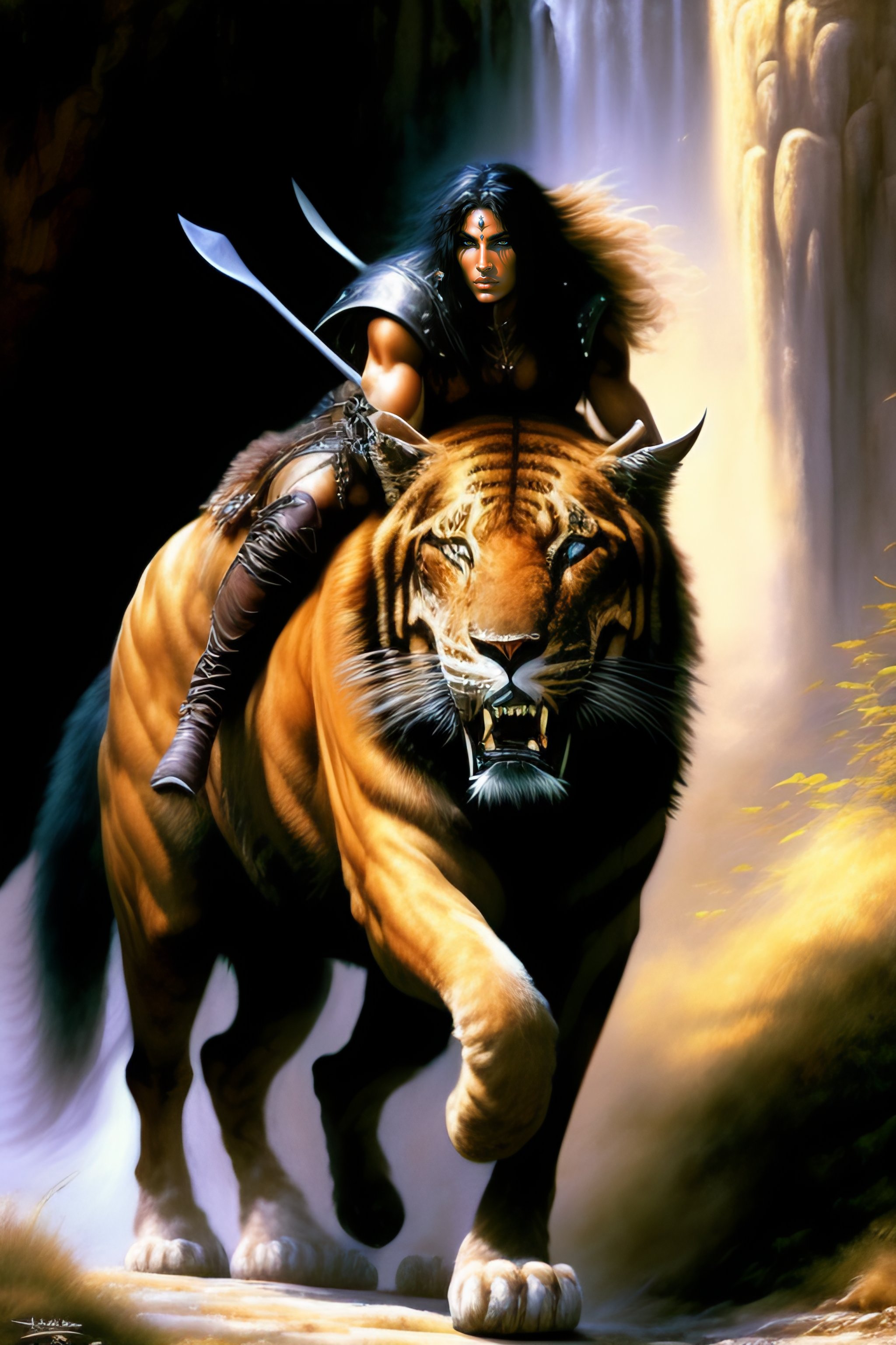 Lexica - A barbarian riding a Smilodon by Luis Royo
