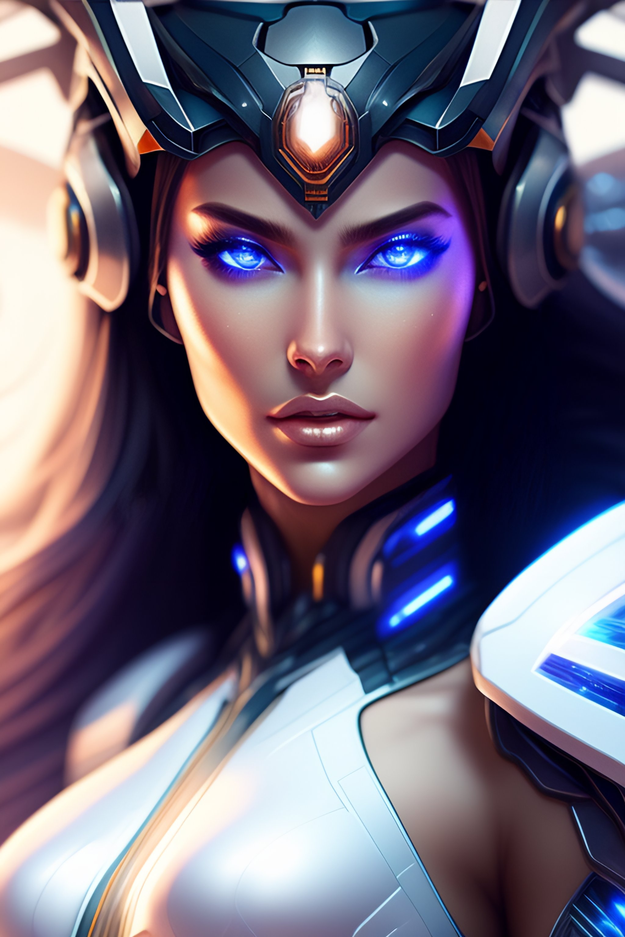 Lexica - Beautiful woman as cyborg angel, blue eyes, white hair, front ...