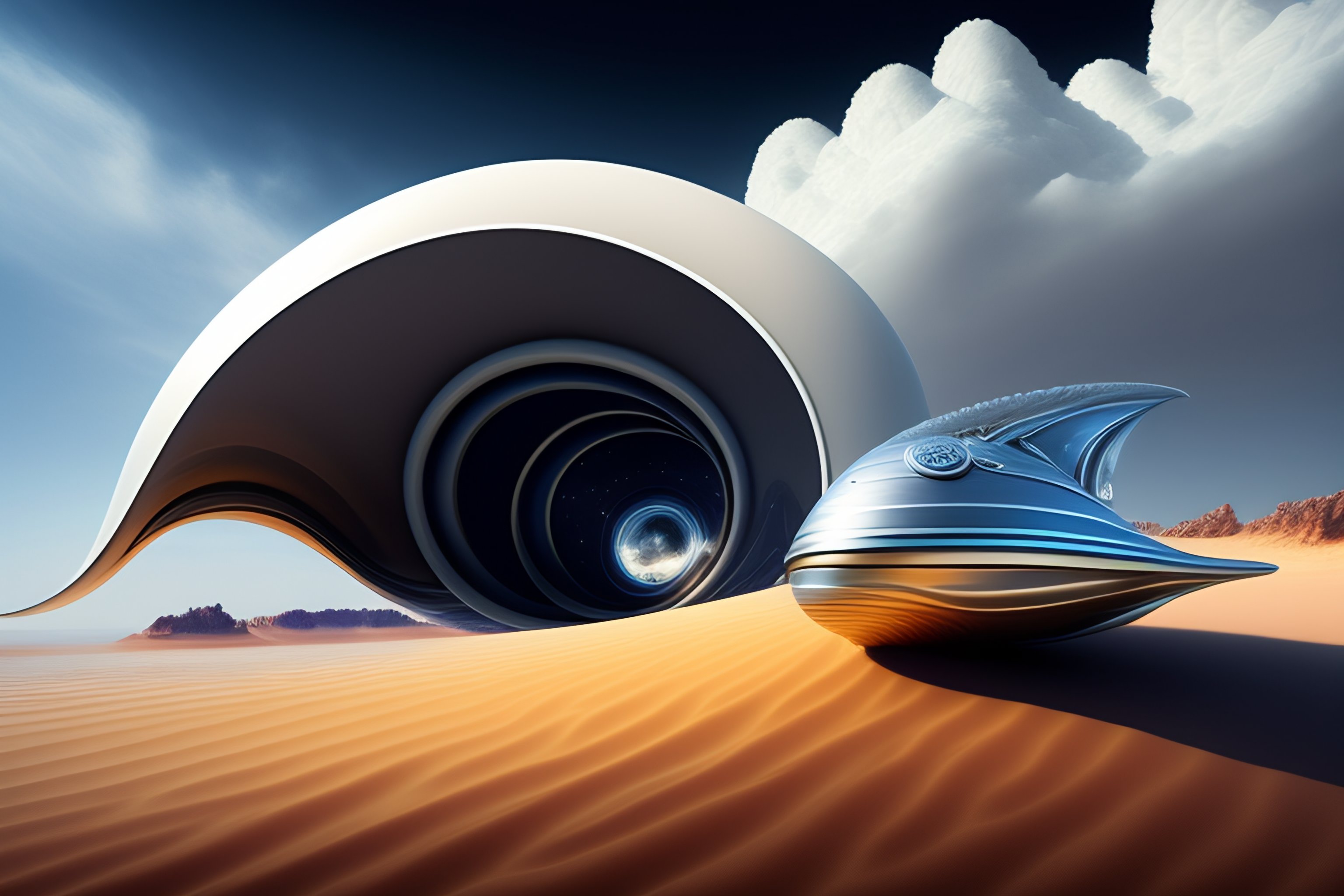 Lexica - Silver nautilus shell is a spaceship, it is flying, we can see ...