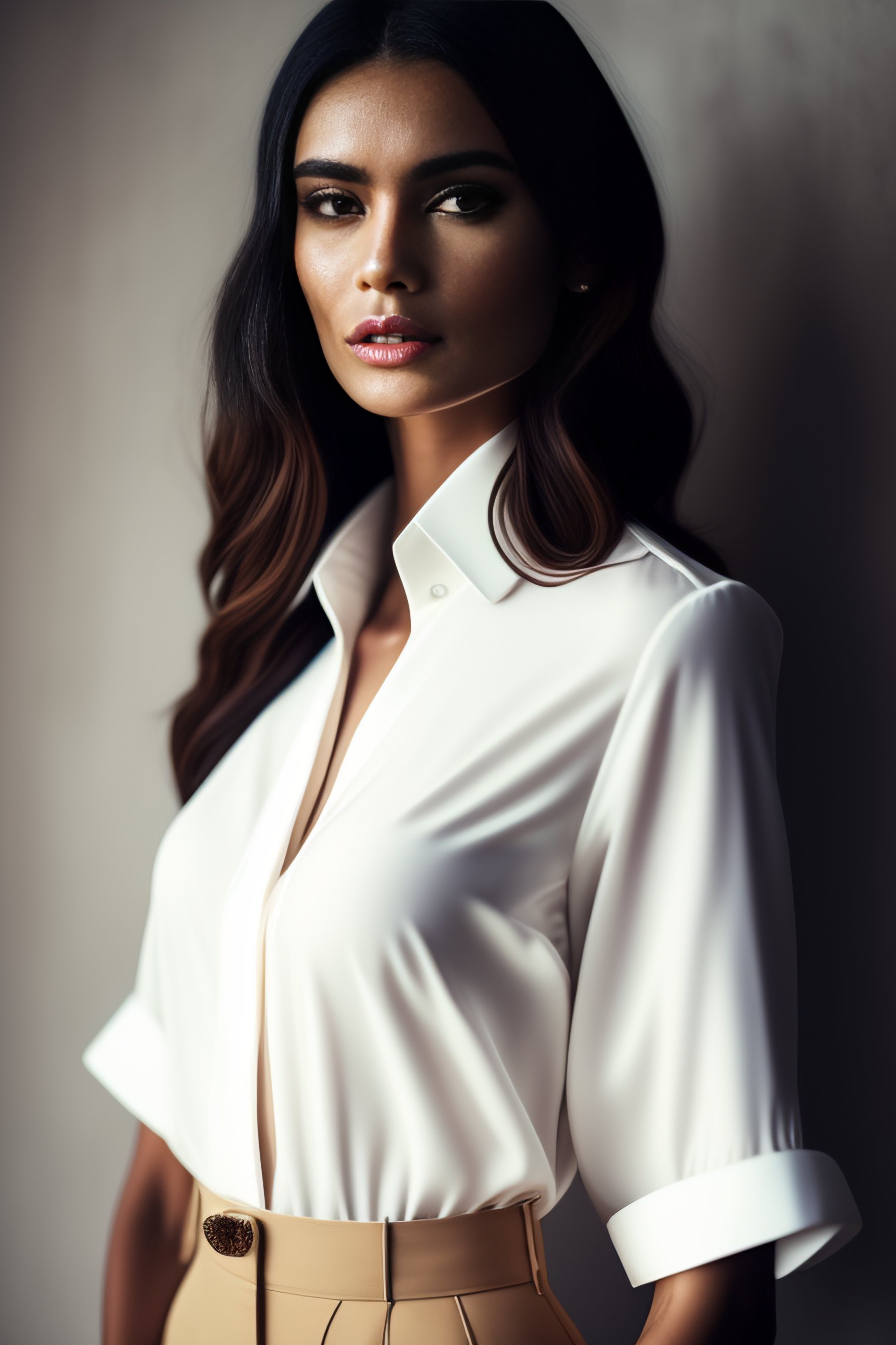 Lexica - Model in a white shirt blouse, brunette, 8k, 35mm, iso 200 ...
