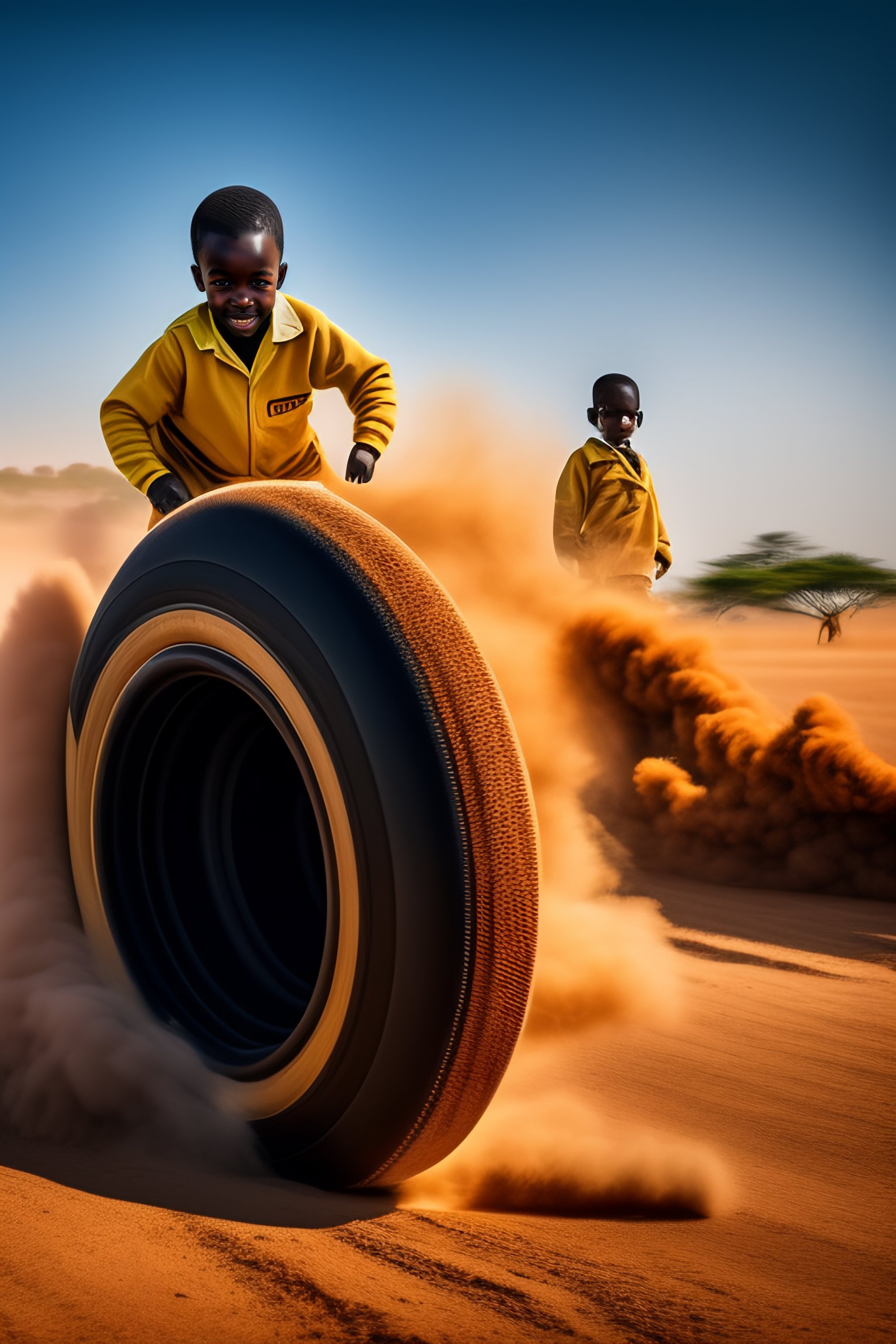 Lexica - African kids rolling a tyre, hero shot, fun, dusty
