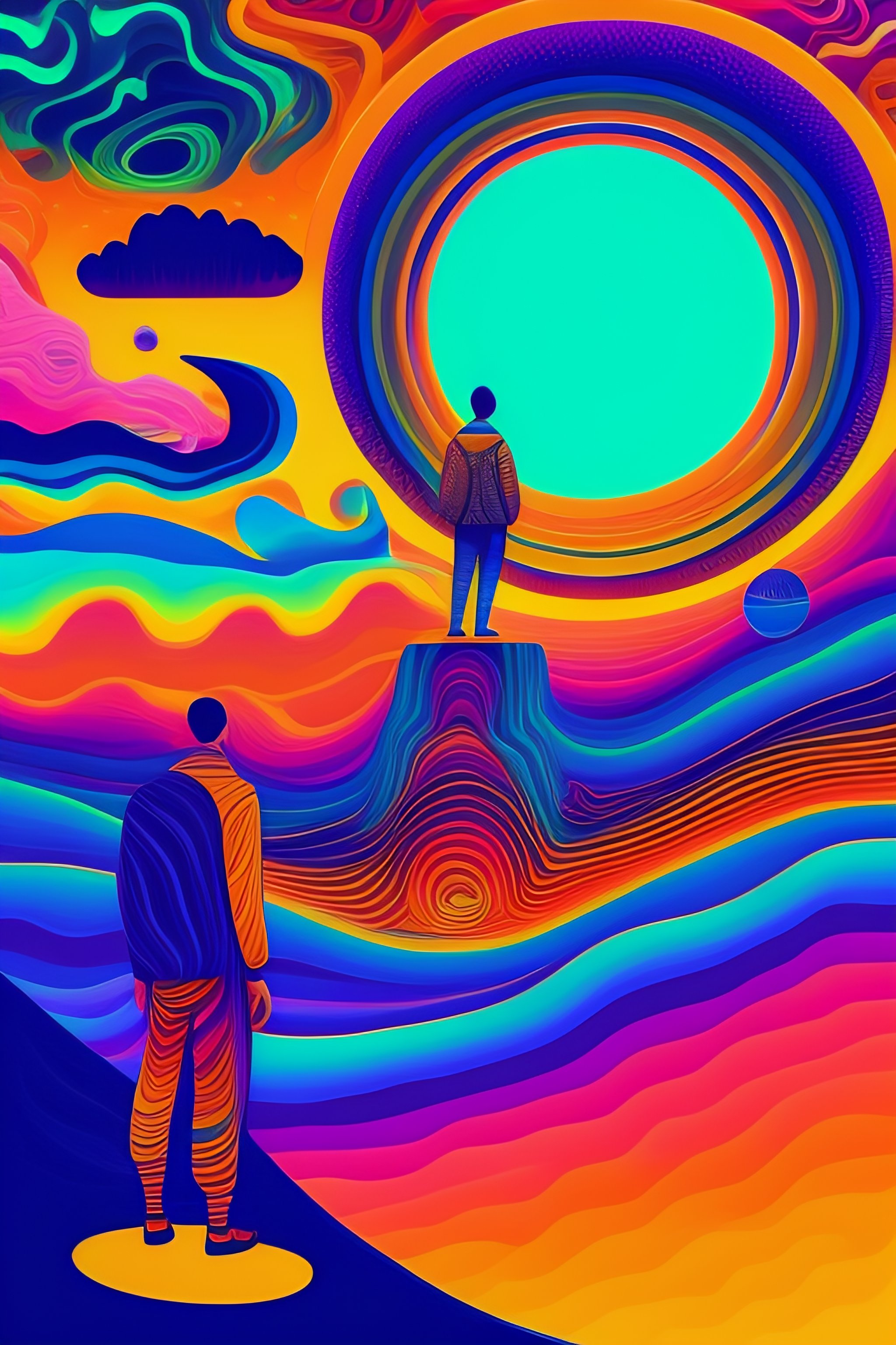 Lexica - A couple of people standing on the moon, an abstract drawing ...