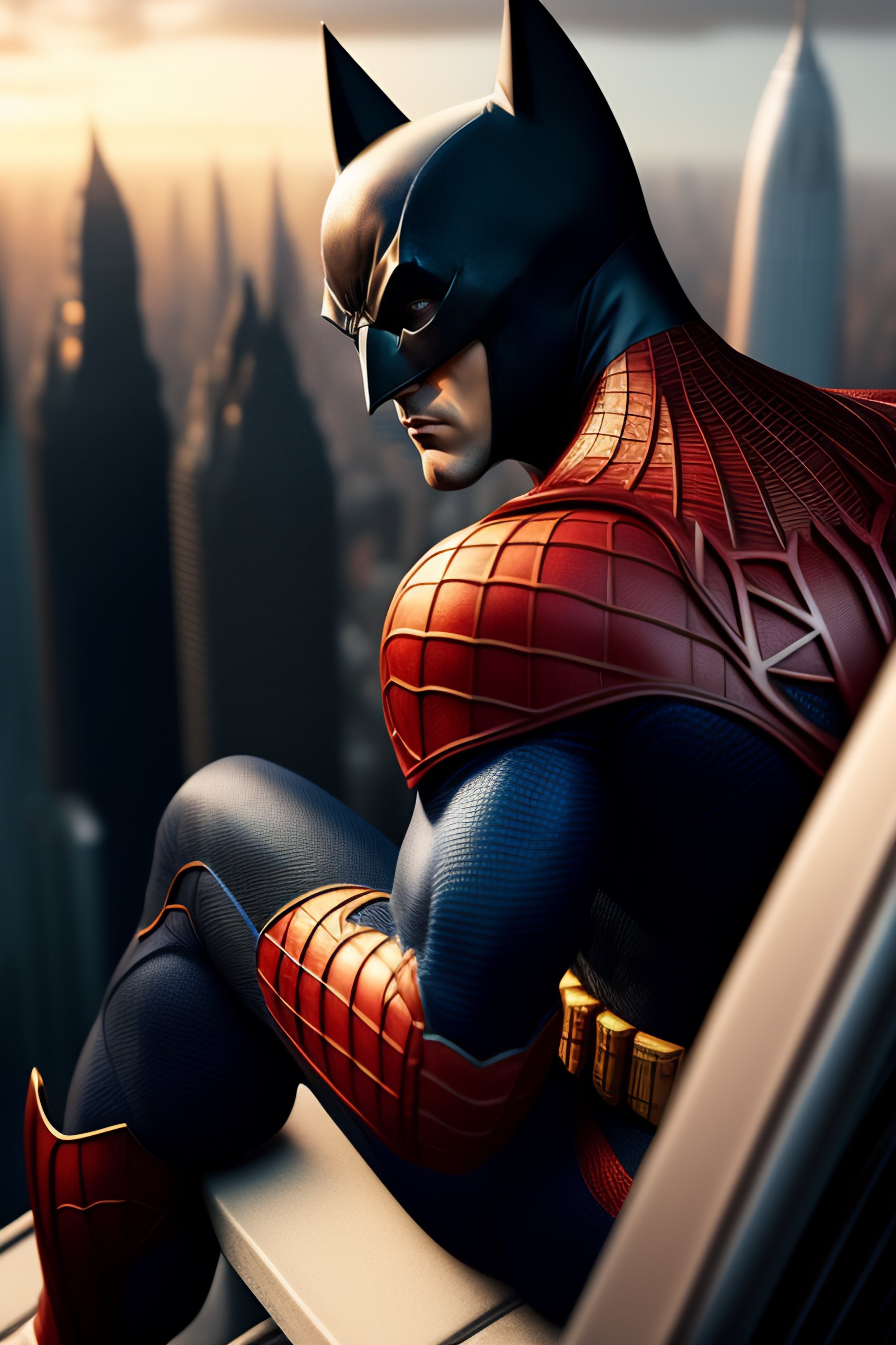 Lexica - Batman sitting on a roof looking down at a city below, wearing ...