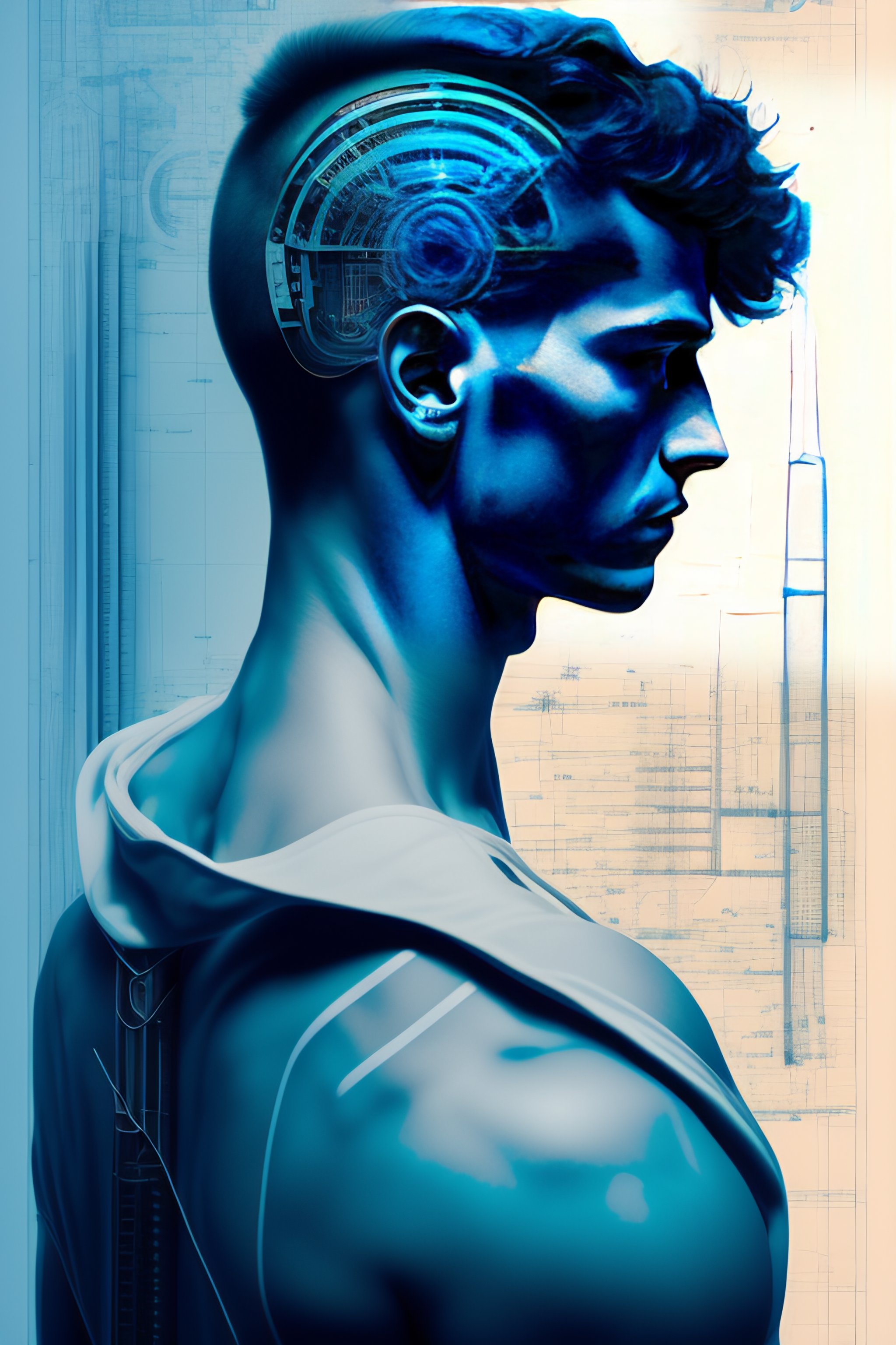 Lexica - Detailed schematics of a young male cyborg, Venetian man ...