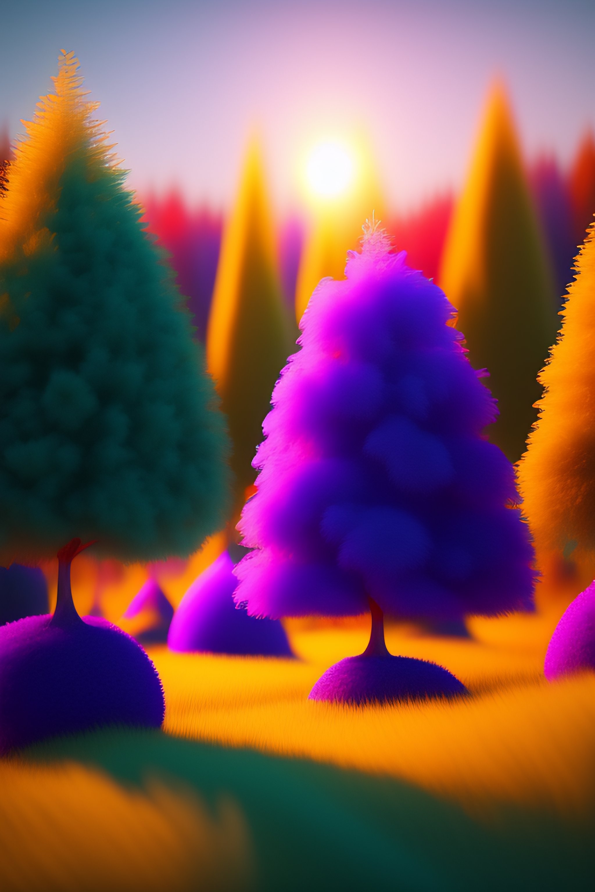Lexica - Colorful fluffy trees made of fur in a field, Cinema4D render ...