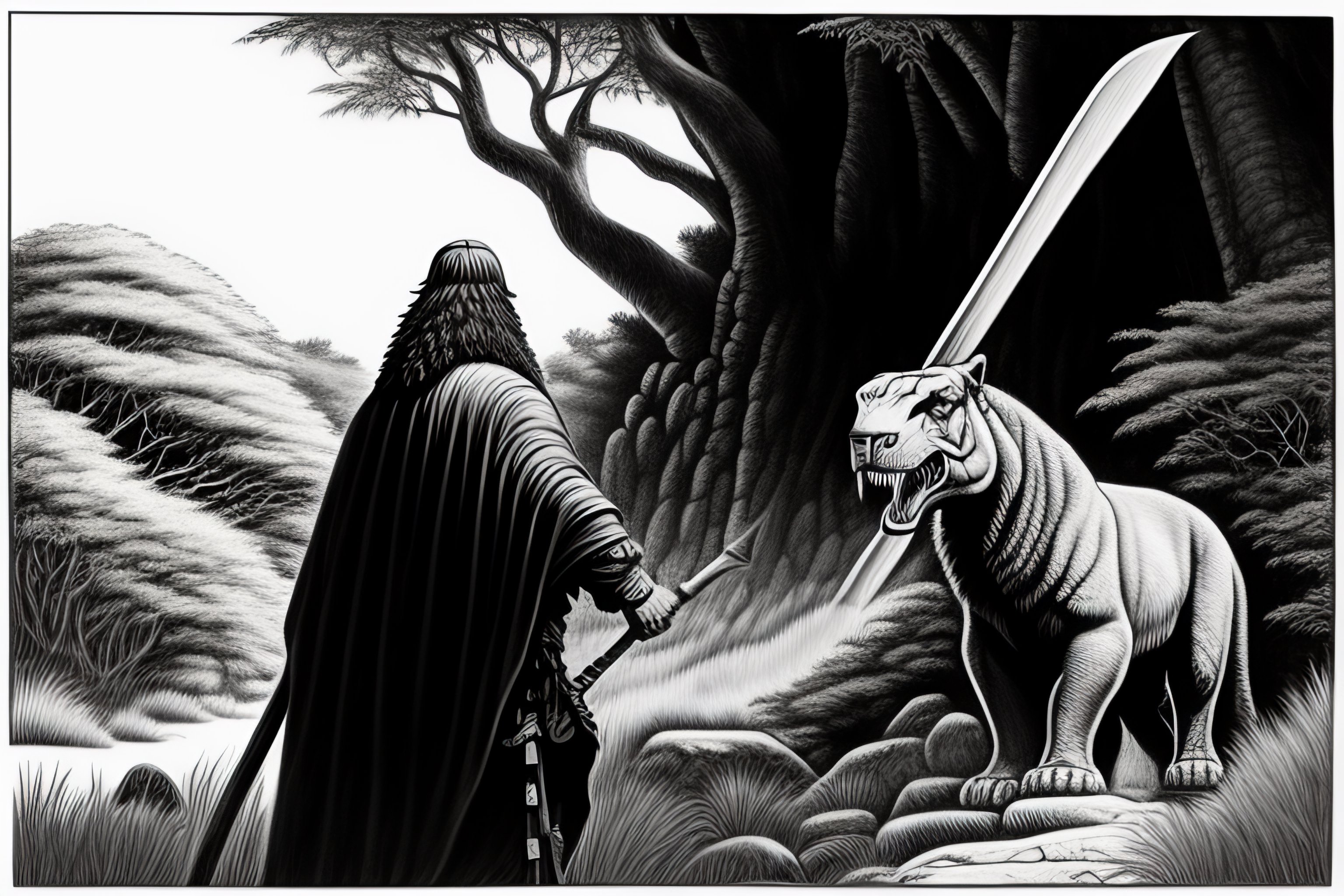 Lexica - Landscape drawing of a lean caveman with a spear standing in ...