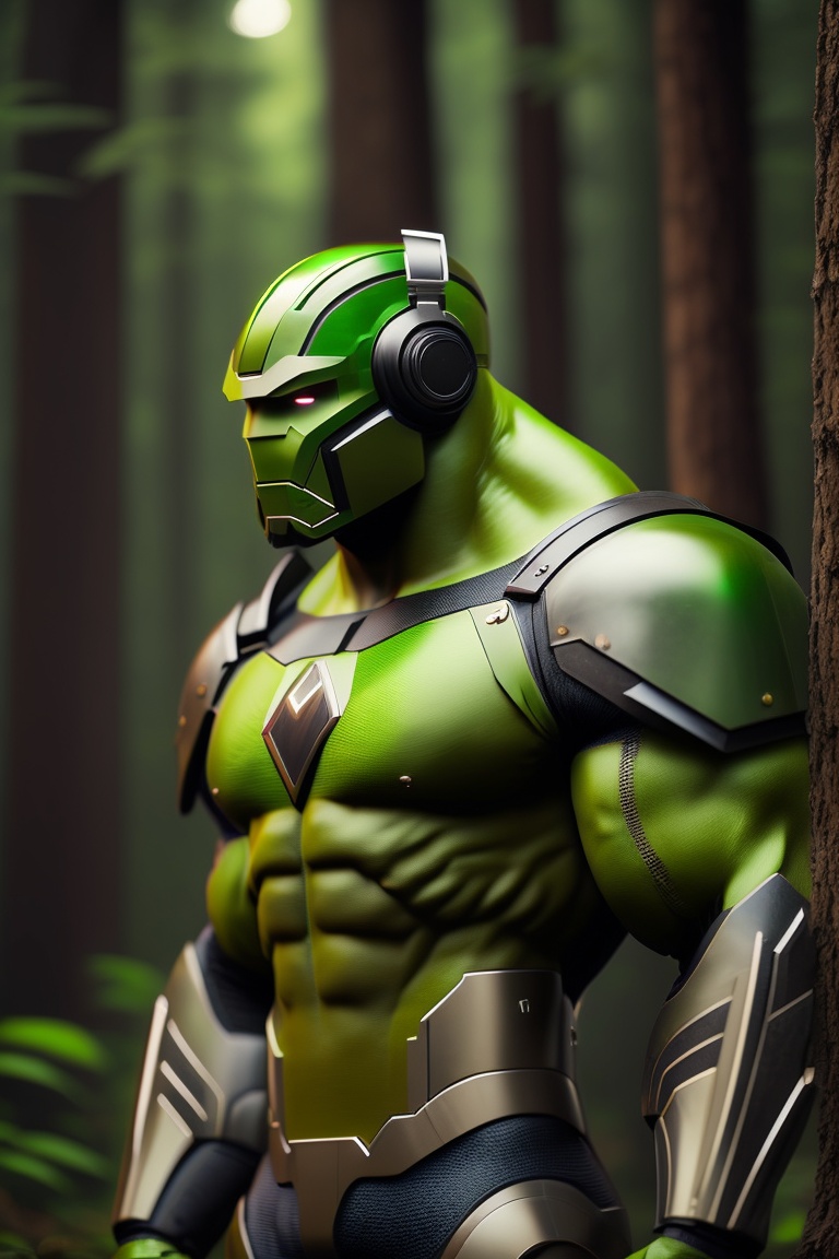 Lexica - Hulk wearing a futuristic armor::2.5 standing in a forest ...