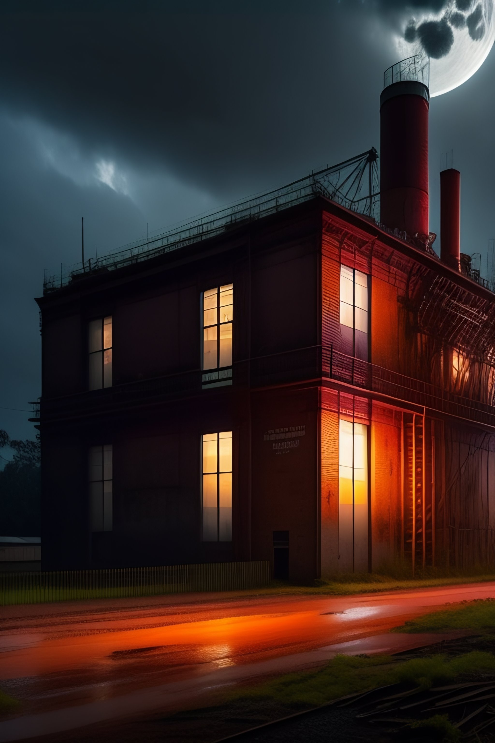 Lexica - An abandoned Victorian factory on a rainy night, large complex ...