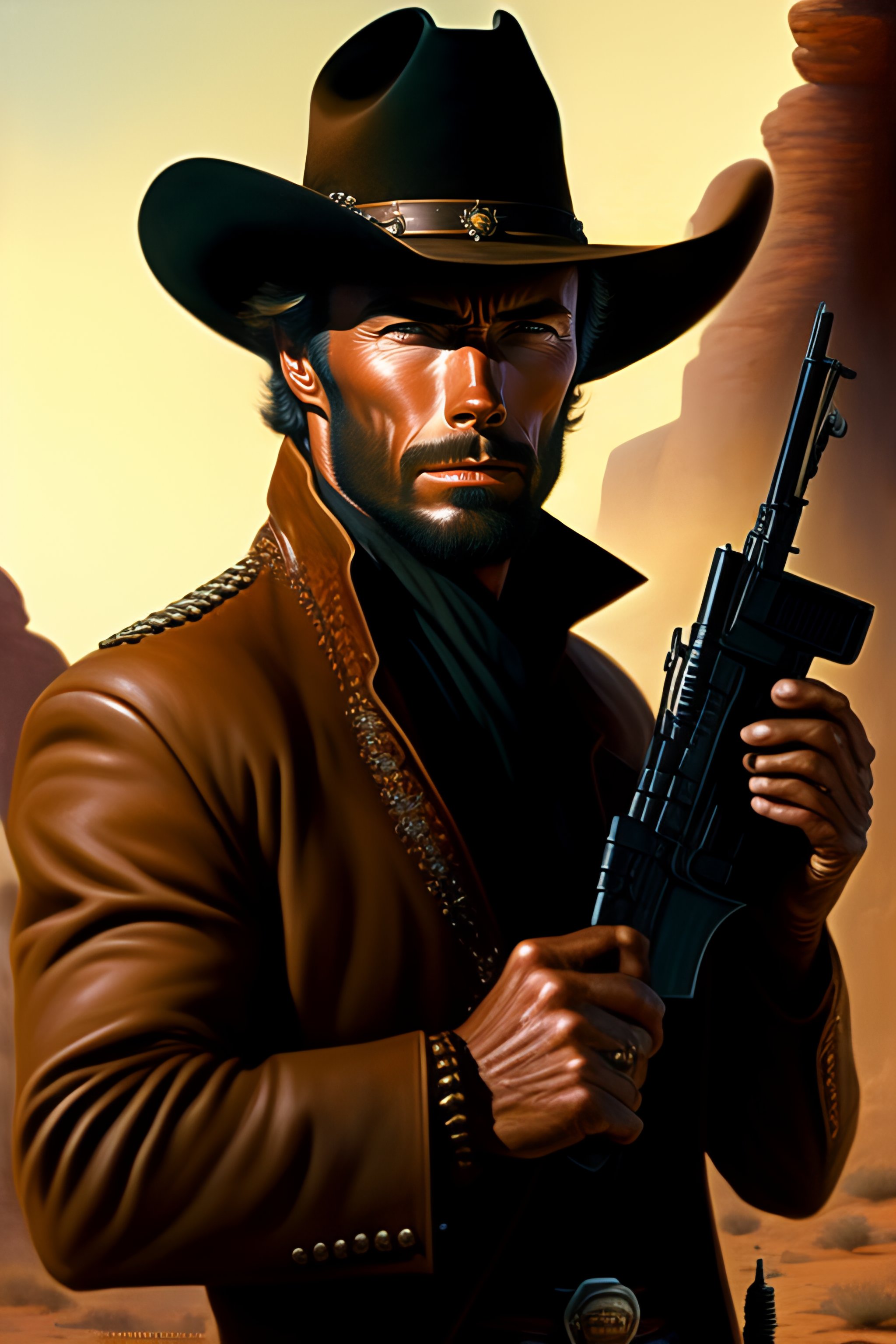 Lexica - Clint eastwood portrait shot of a rugged western cowboy firing ...