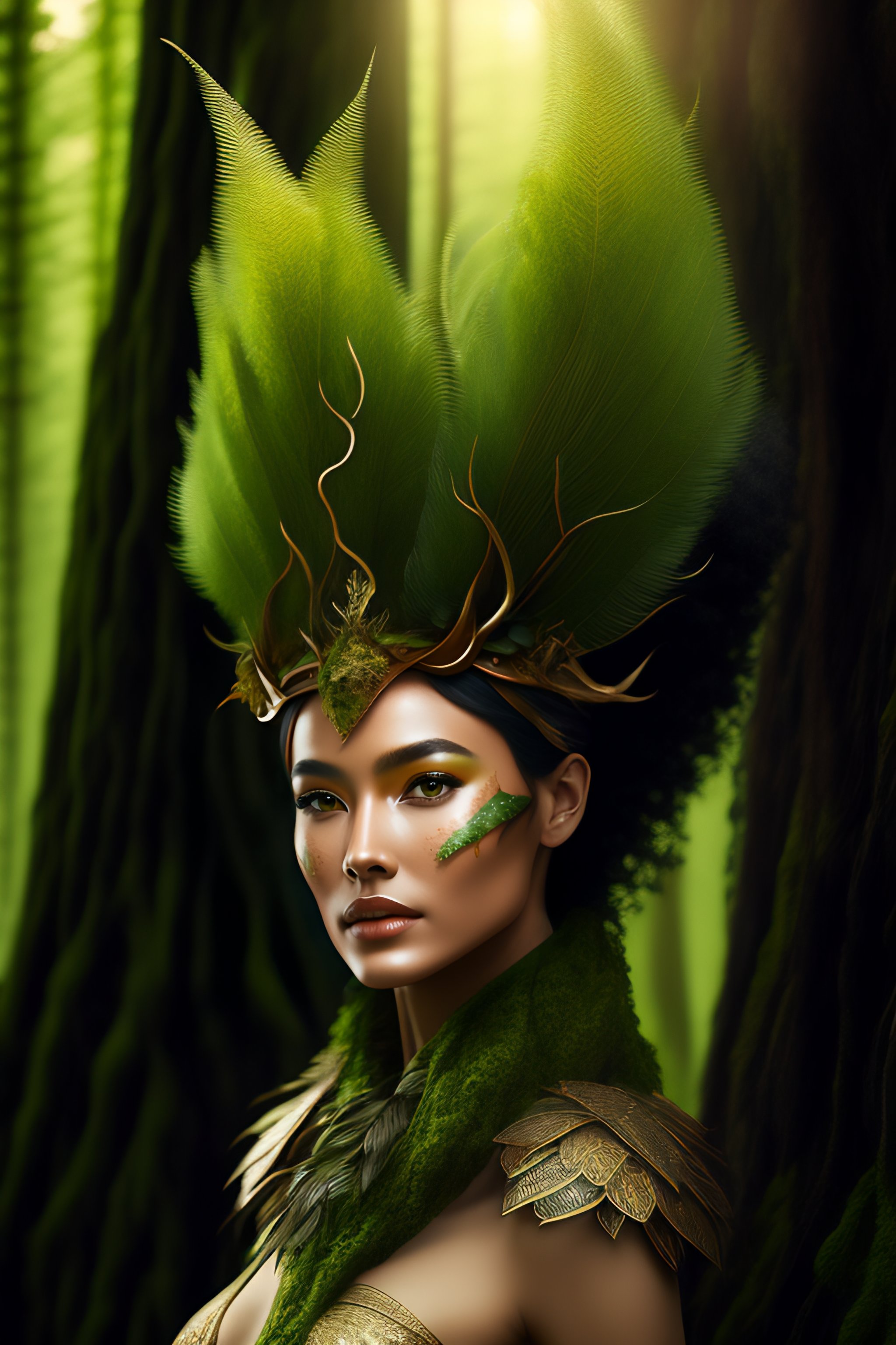 Lexica - Photorealistic, Dryad with skin of moss and armor of bark, forest
