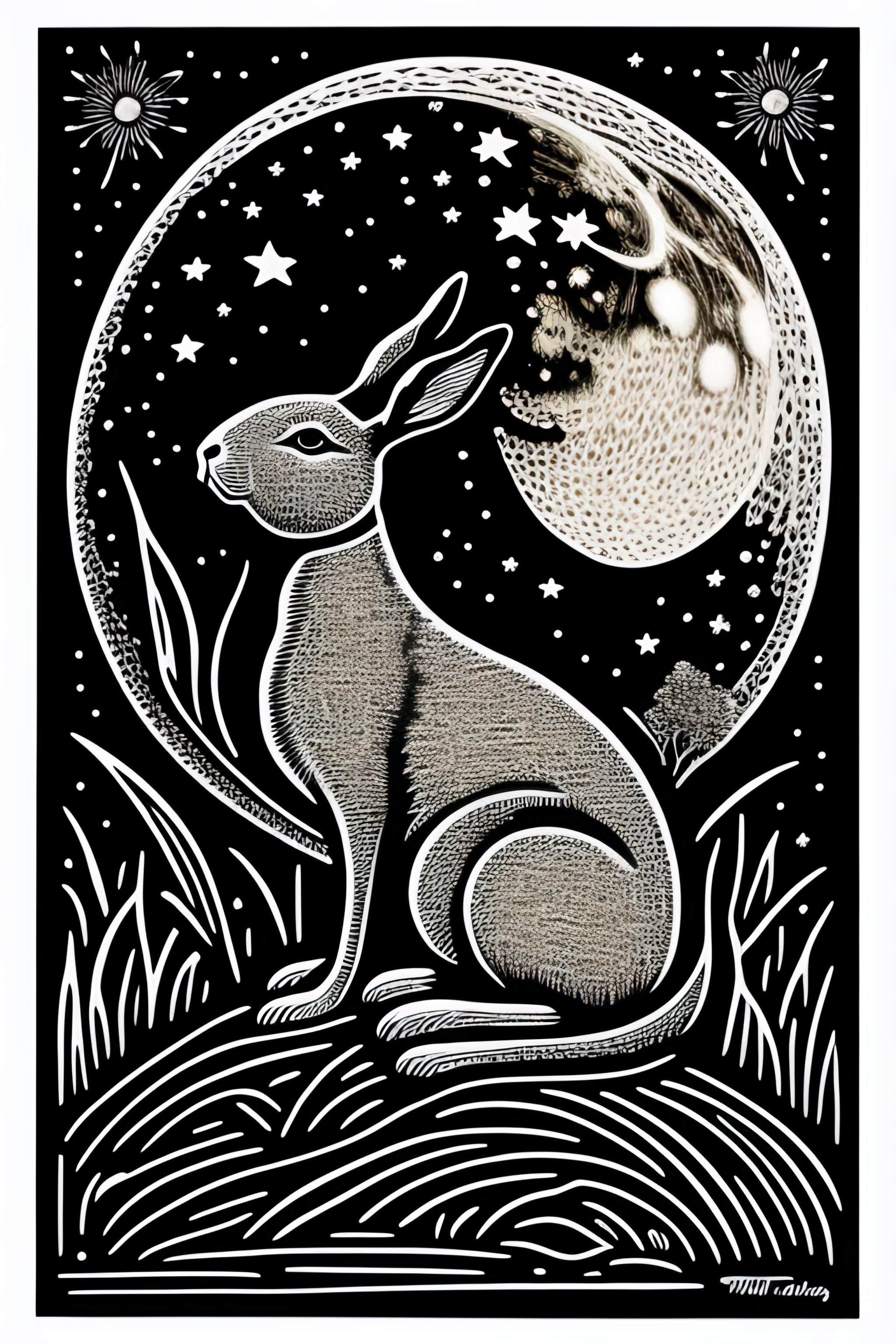 Lexica - Linocut of rabbit in the moon, viking-style, award winning