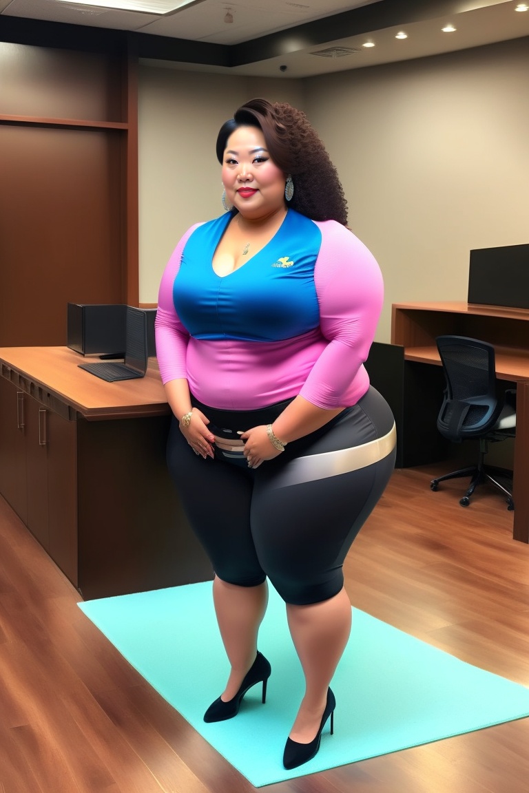 Lexica - Thick Asian woman, wide hips, huge 38DDD, office setting, choker
