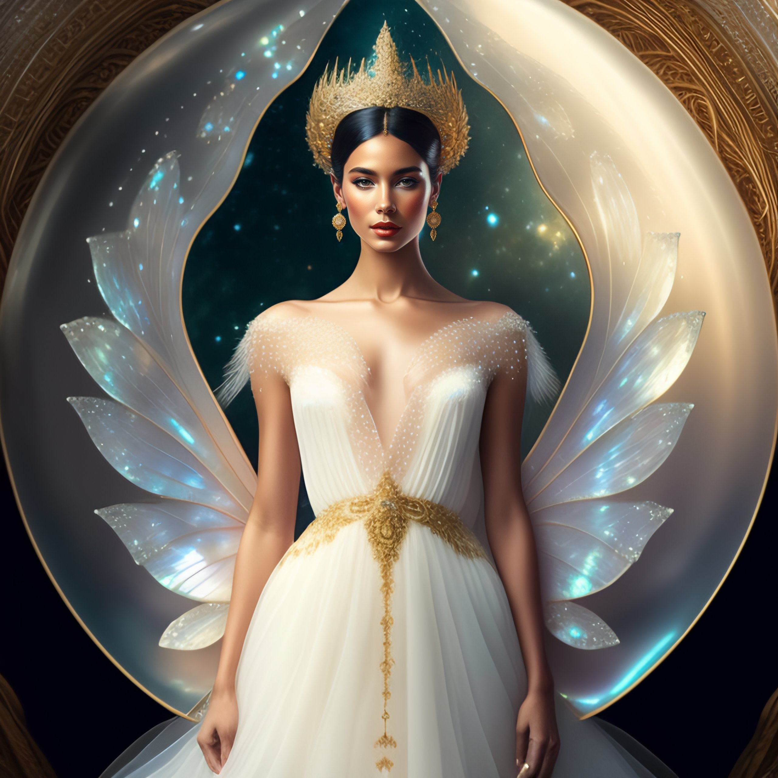 Lexica - Fairy wearing a white silk Greek gown standing on a mother of pearl in the centre of a ...