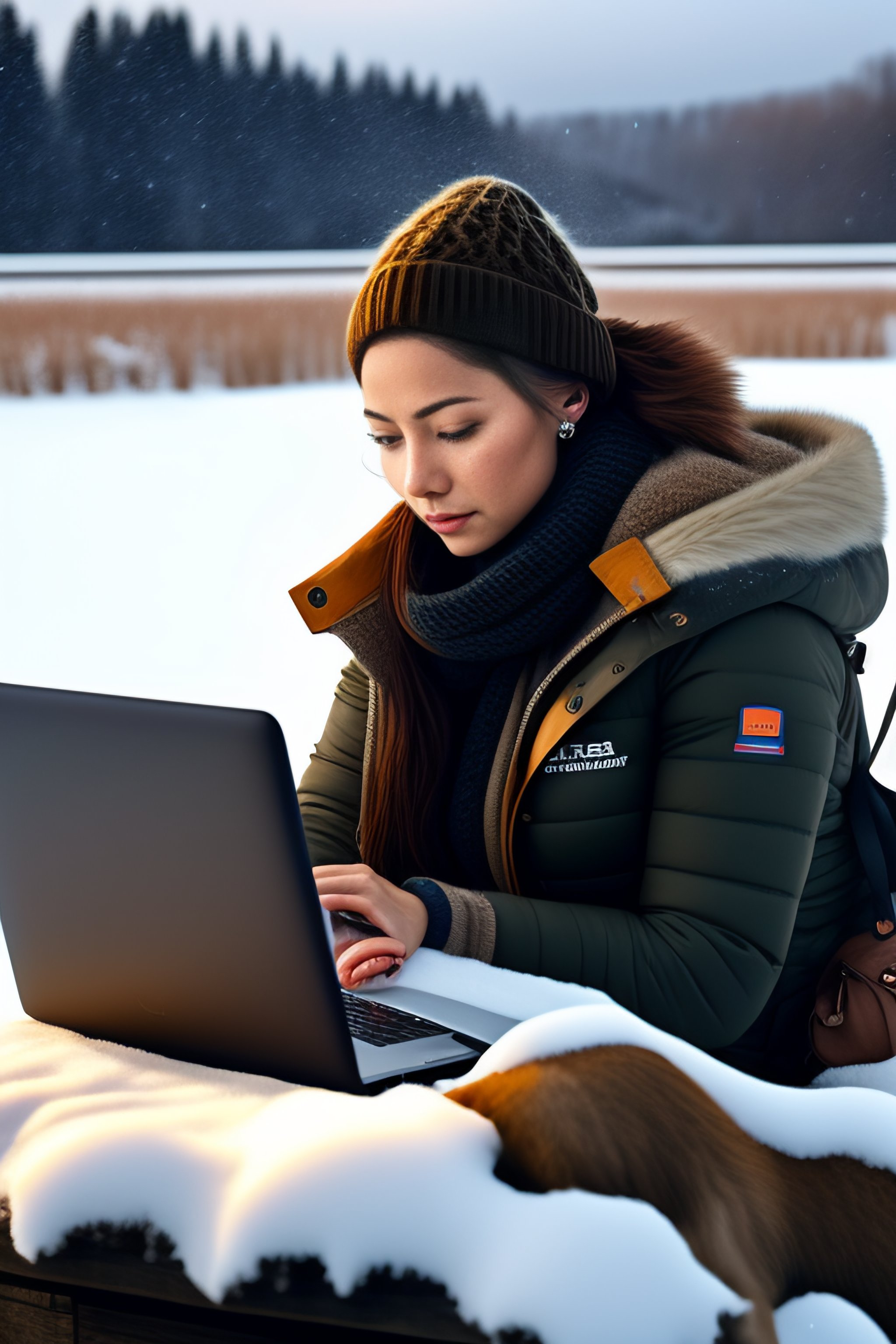 Lexica - Hipster desginer, brown hare, working on laptop in snow ...