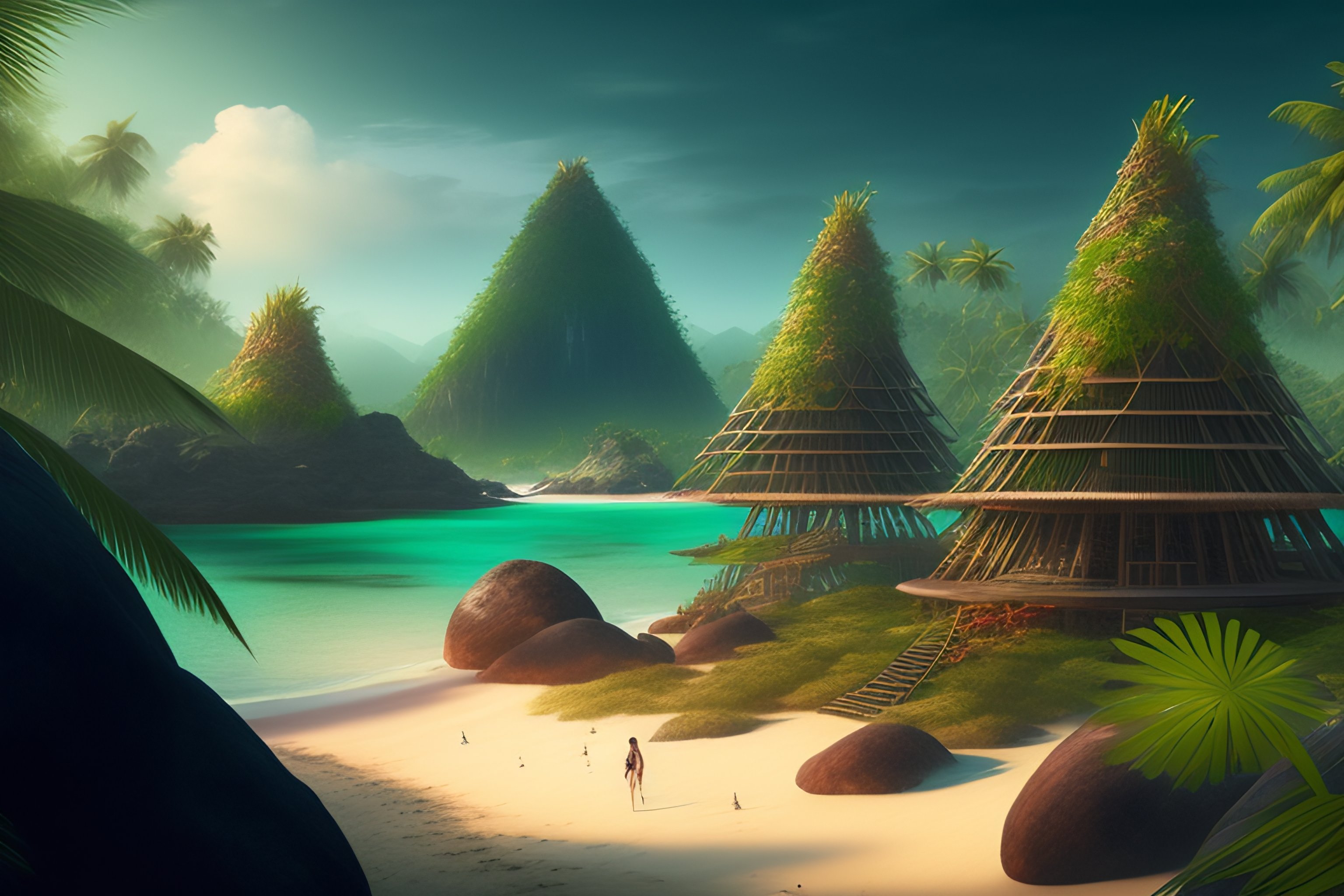 Lexica - Giant elven amerindian hut bamboo on tropical island beach ...