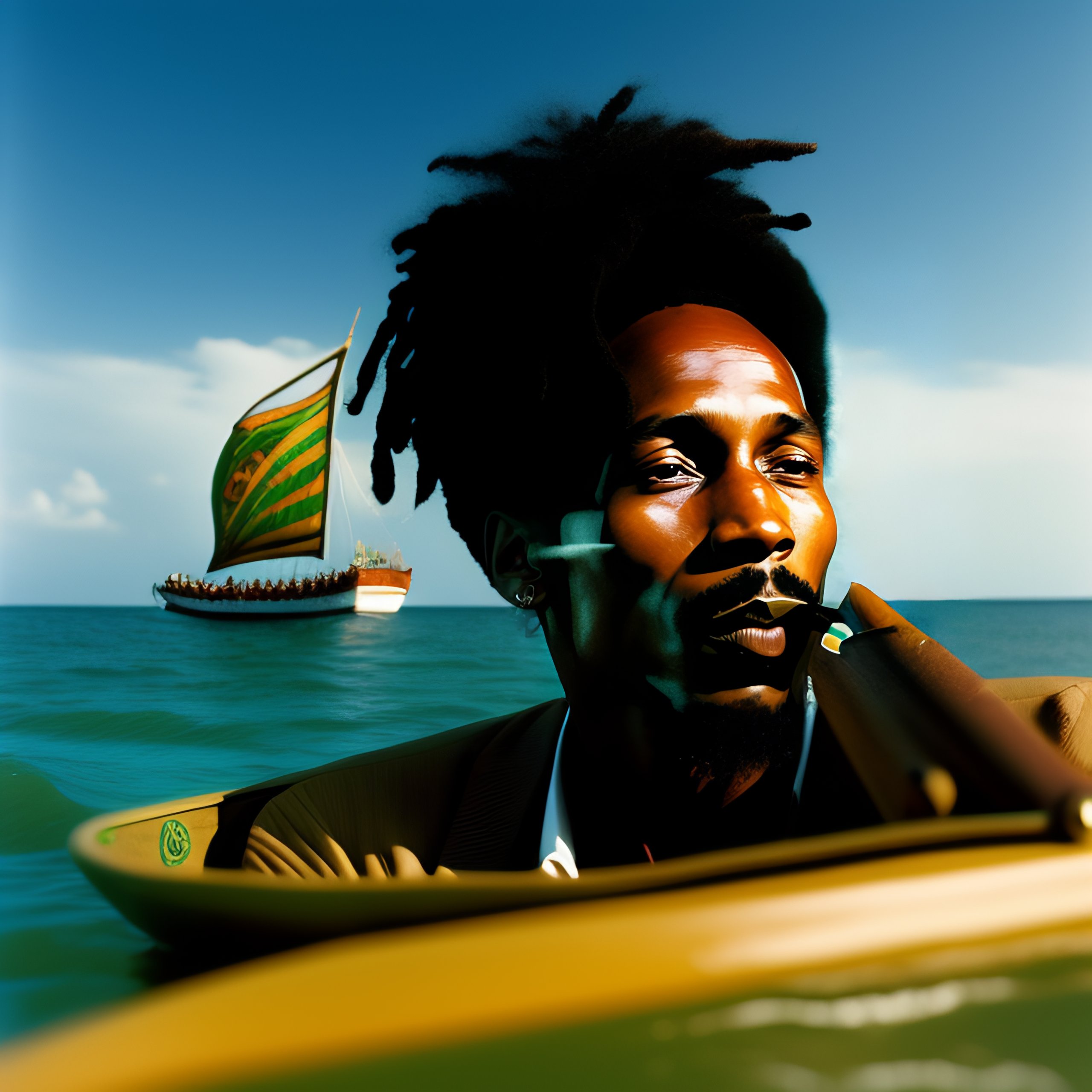 Lexica - Bob marley smoking a joint while sailing on a paper boat, over ...