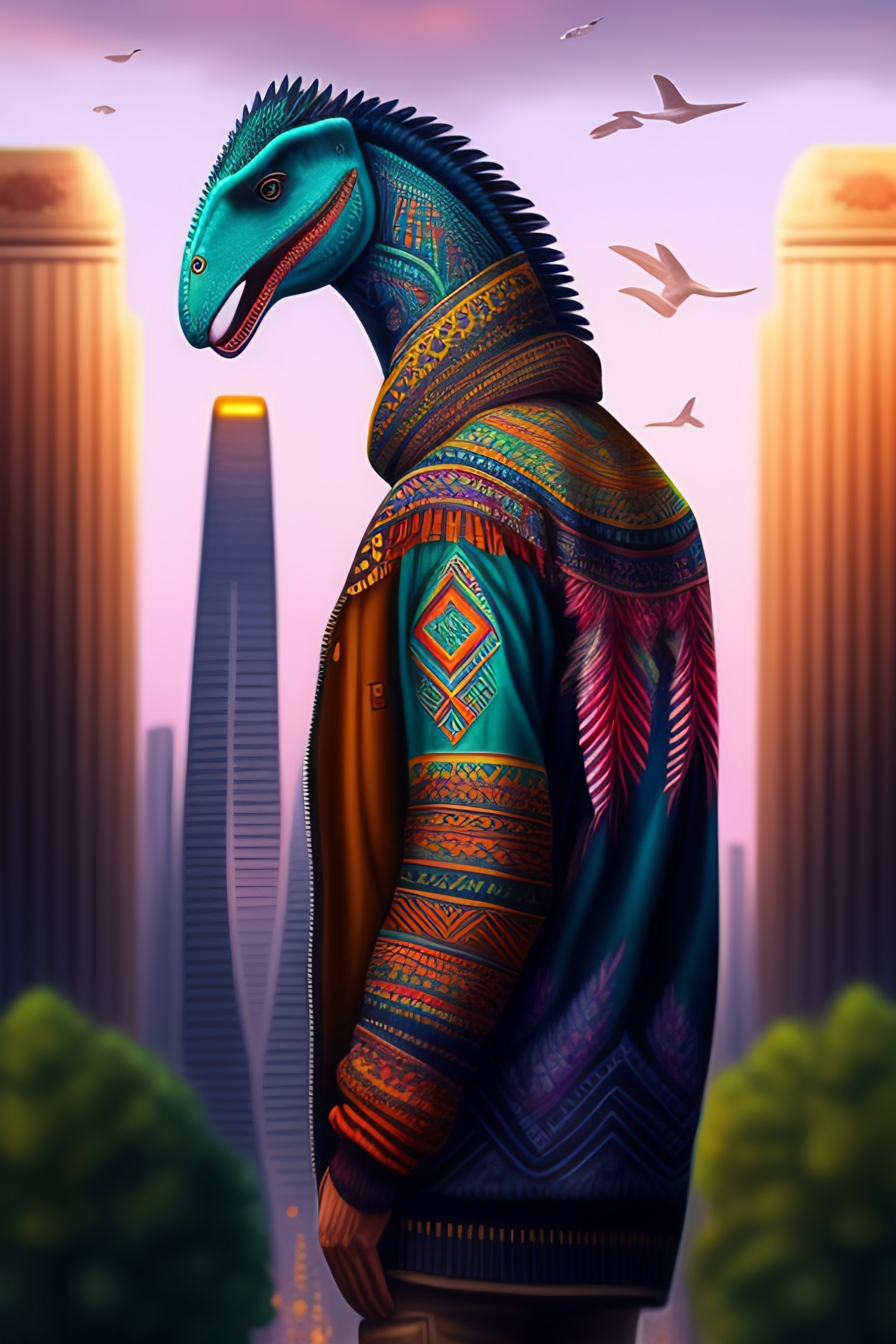 Lexica - Humanoid feathered dionsaur, long neck, aztec clothes, tail ...