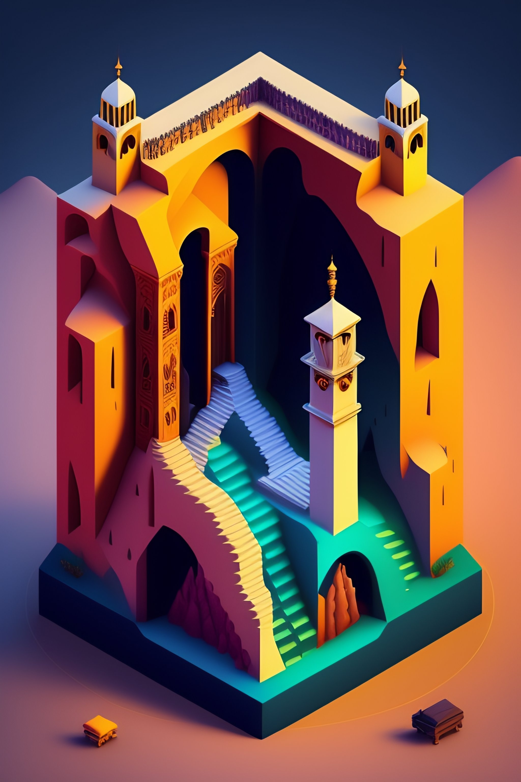 Lexica - Detailed isometric monument valley poster, day and night