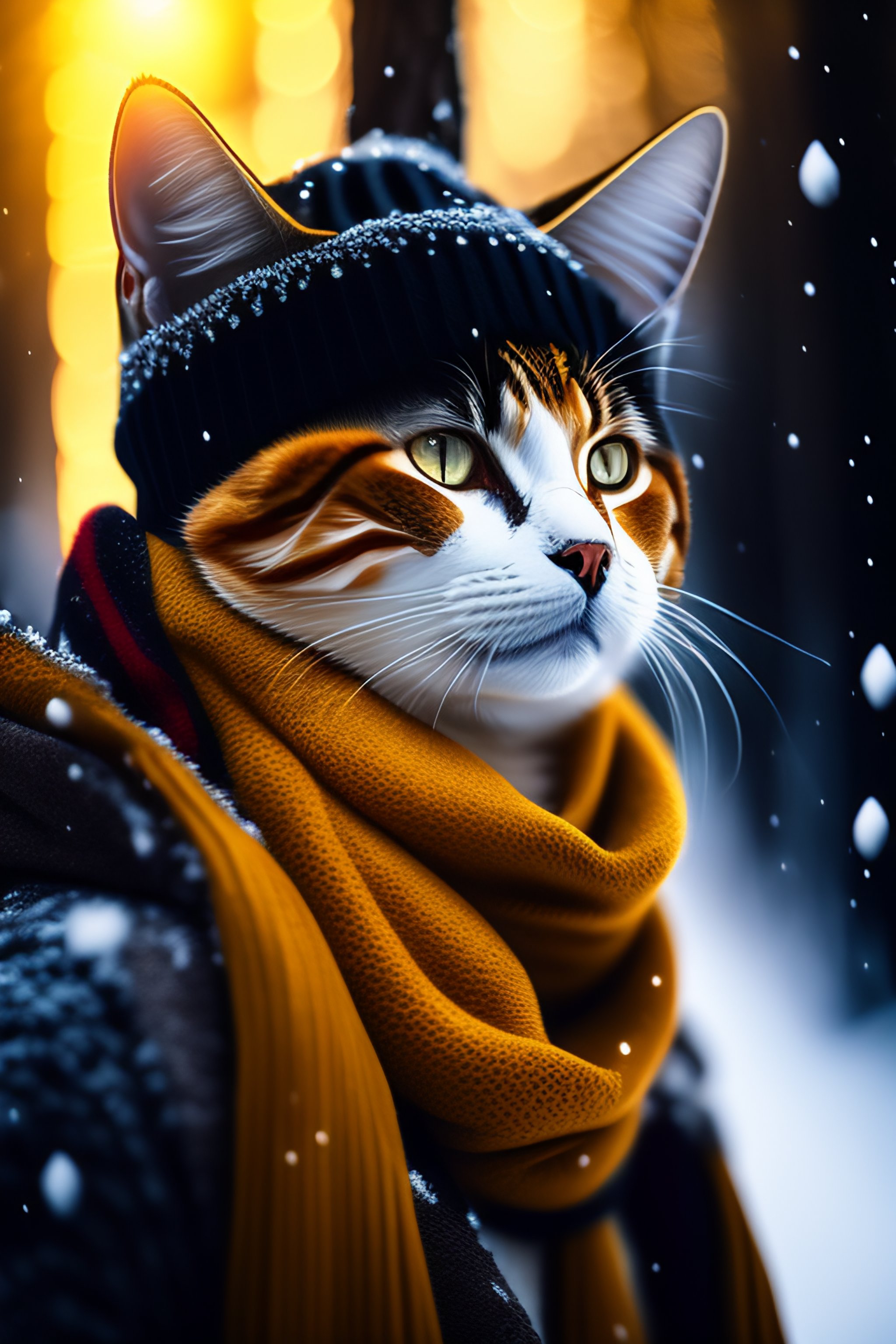 Lexica - Analog style, cat in a hat and scarf, it's snowing in the ...