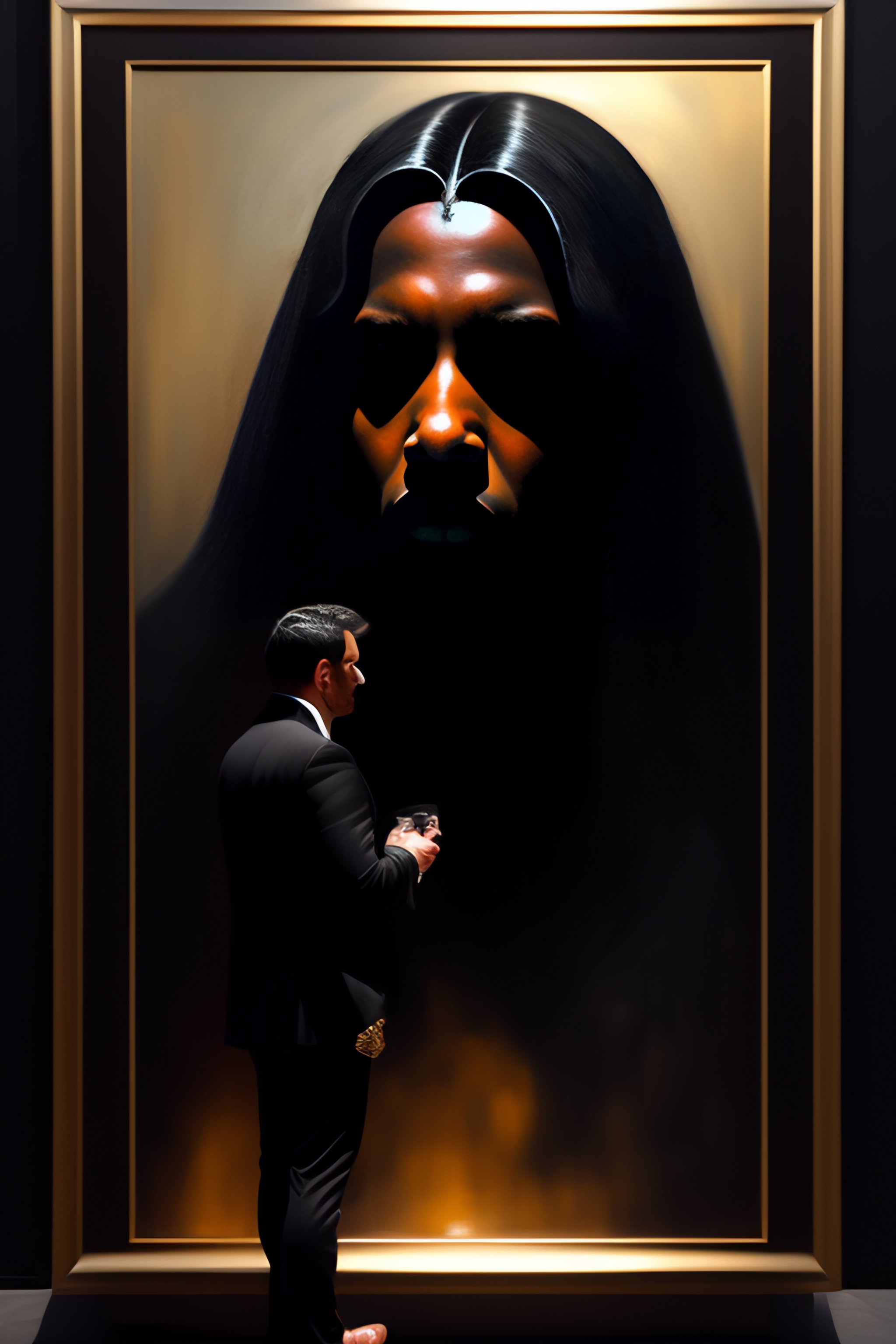 Lexica - The mixed mediart shows a the large, black-clad figure of the ...