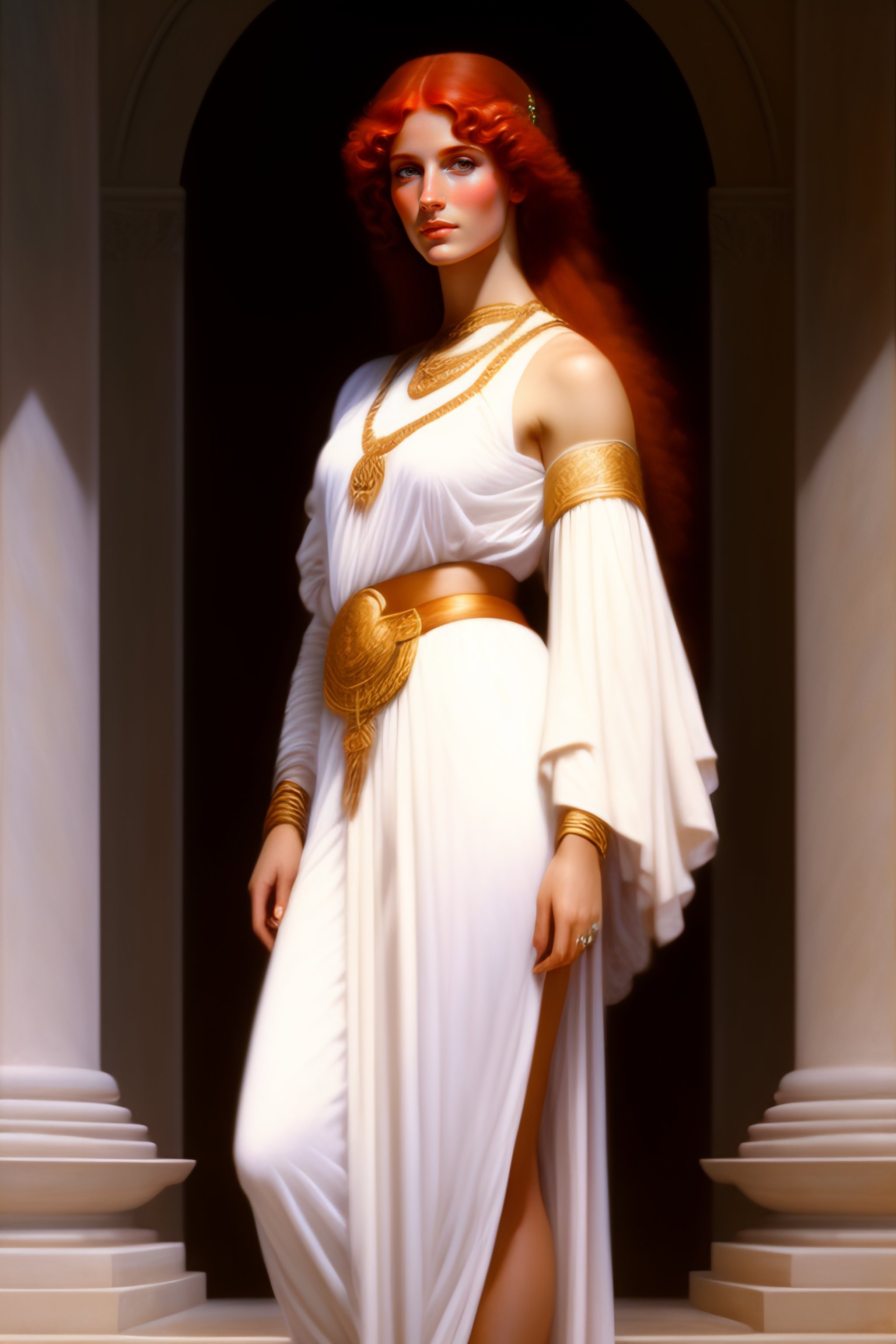 Lexica - Youg redhead woman with white greek tunic, full body fantasy ...