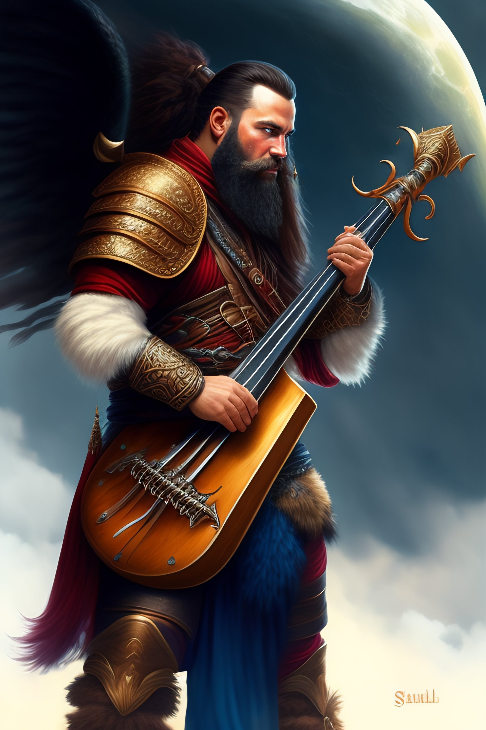 Lexica - Male skald playing war horn, fantasy art