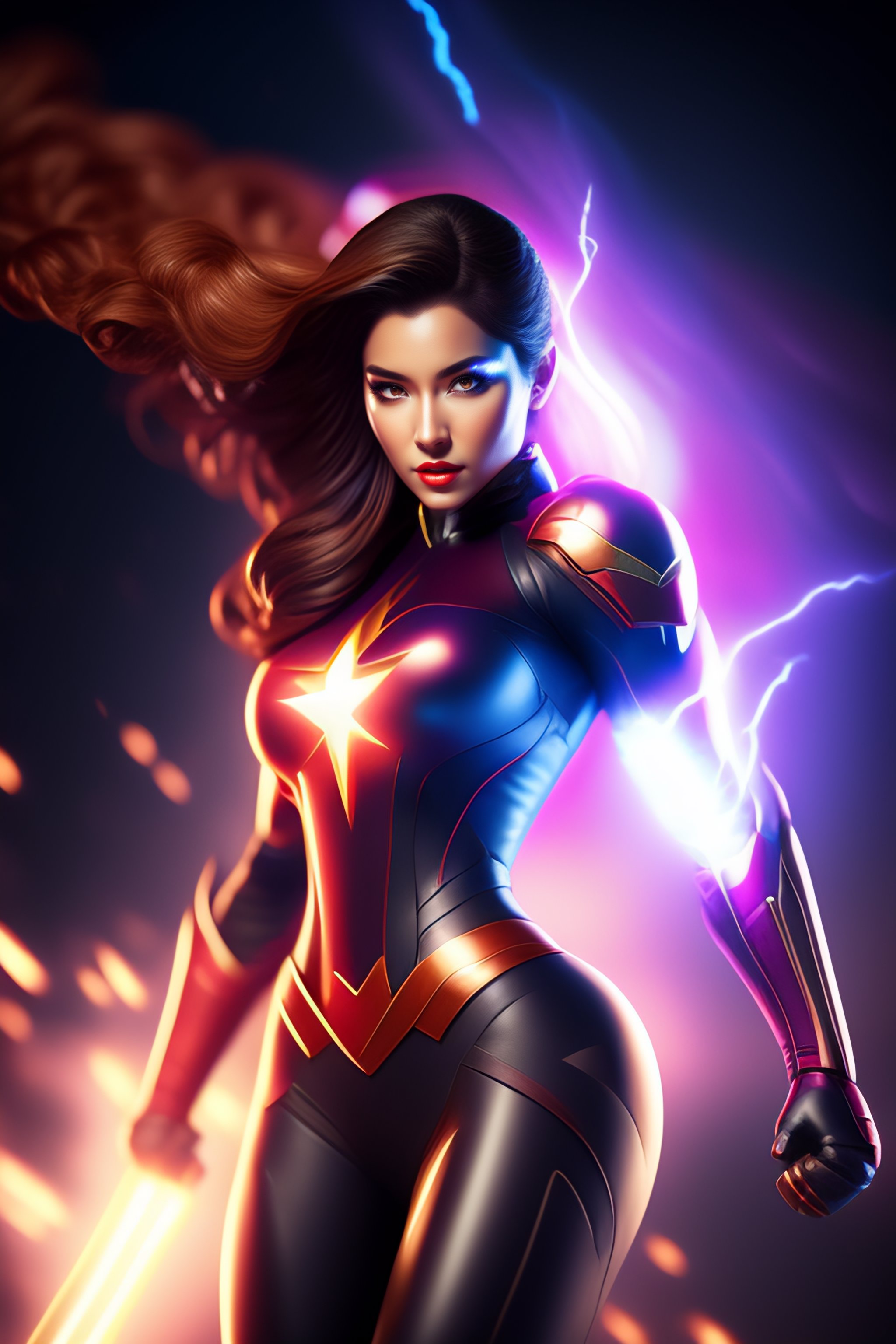 Lexica - Vfx marvel woman super hero photo real full body action pose, volumetric lightning ...