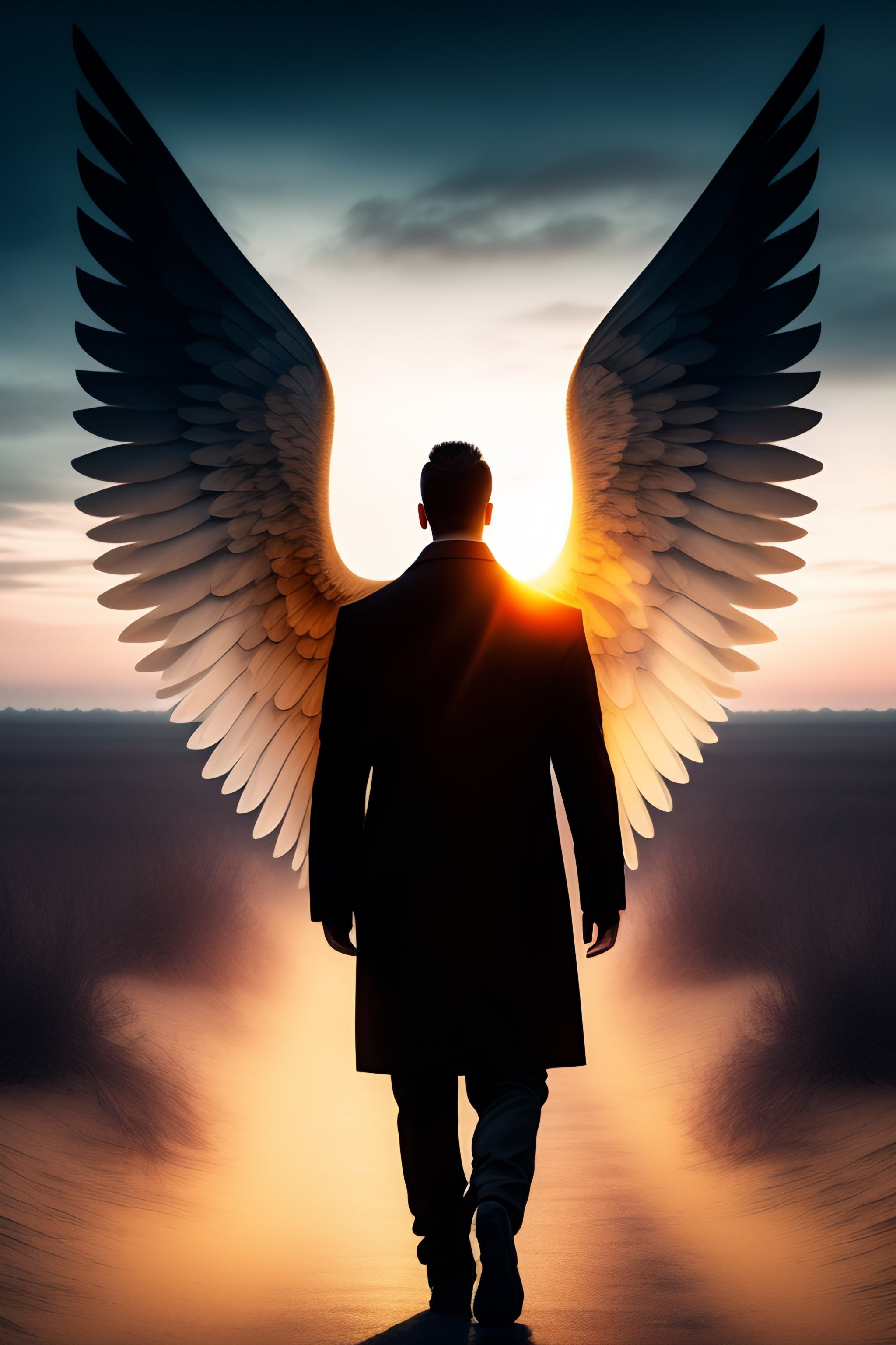 Lexica - The silhouette of a man from behind, with angel wings