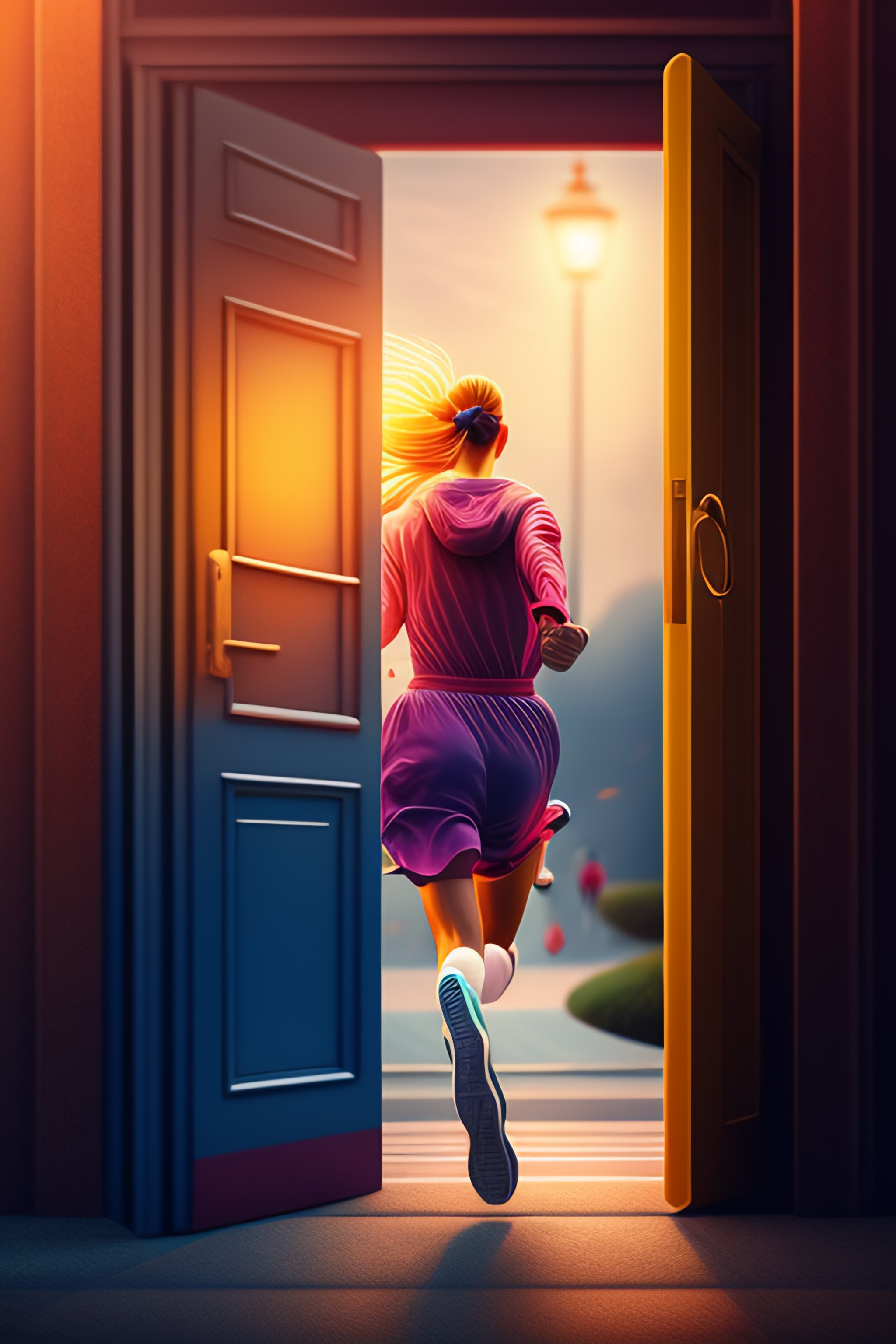 Lexica - A person running for a door, Panic, urgency, love, together ...