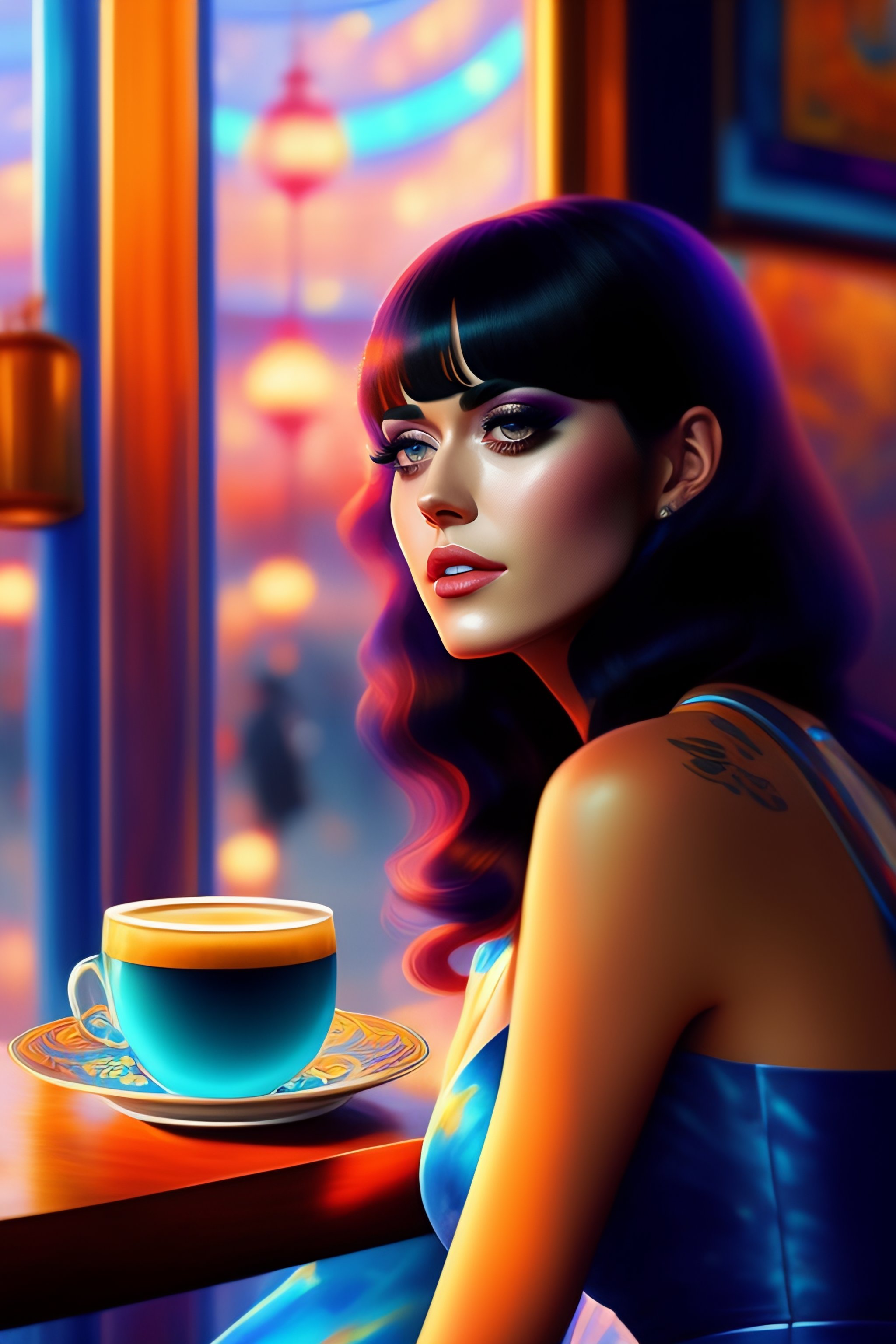 Lexica - Katy perry, cute girl in blue dress sitting psychedelic ...