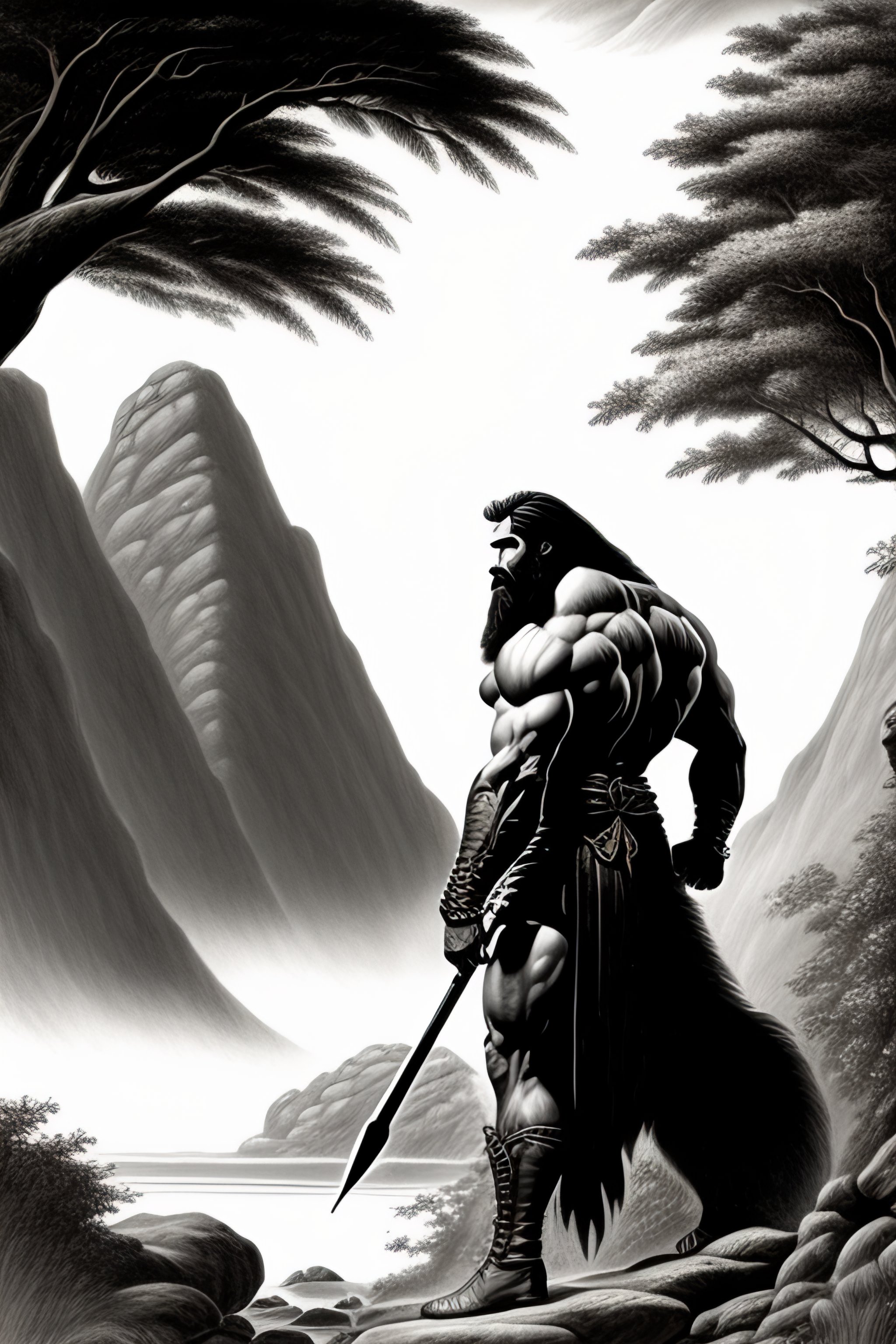 Lexica - Landscape drawing of a muscular caveman with a spear standing ...