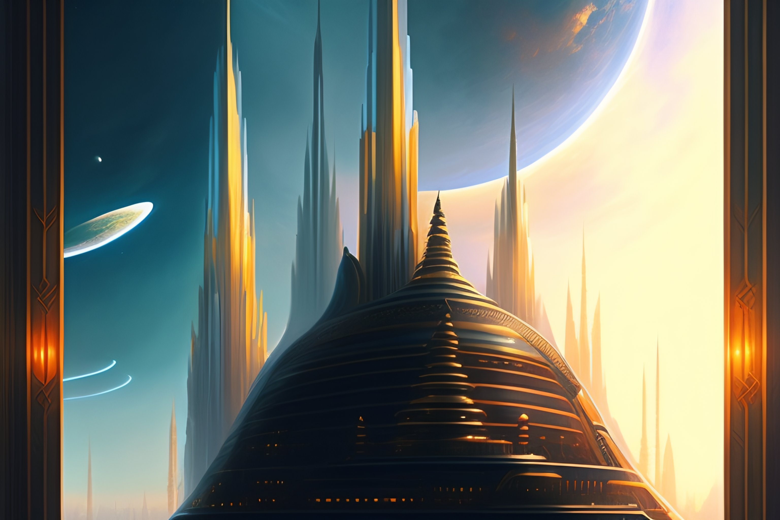Lexica - A cover art of A shining city with tall technological spires ...