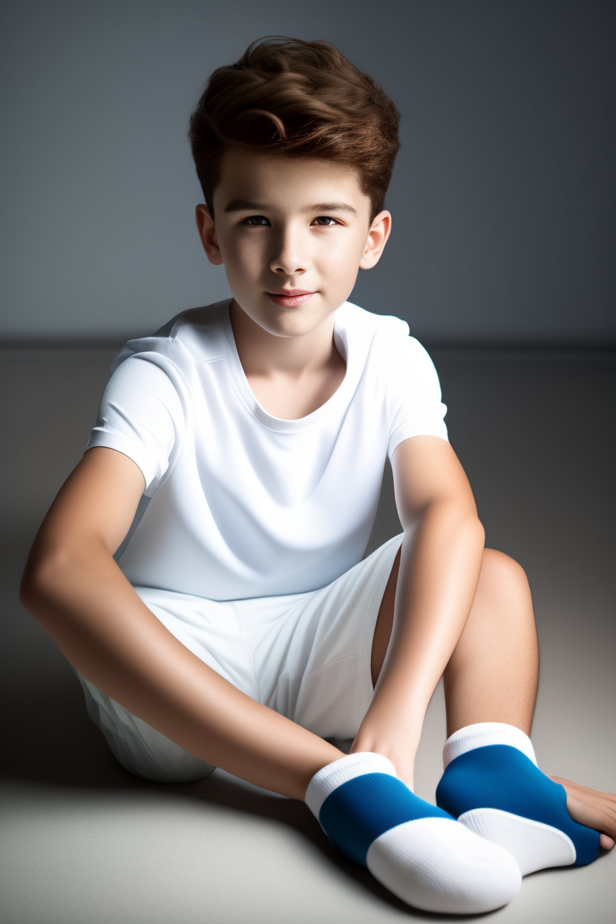 Lexica - 11 year old boy wearing soft white socks and long white tank top. Studio lighting ...
