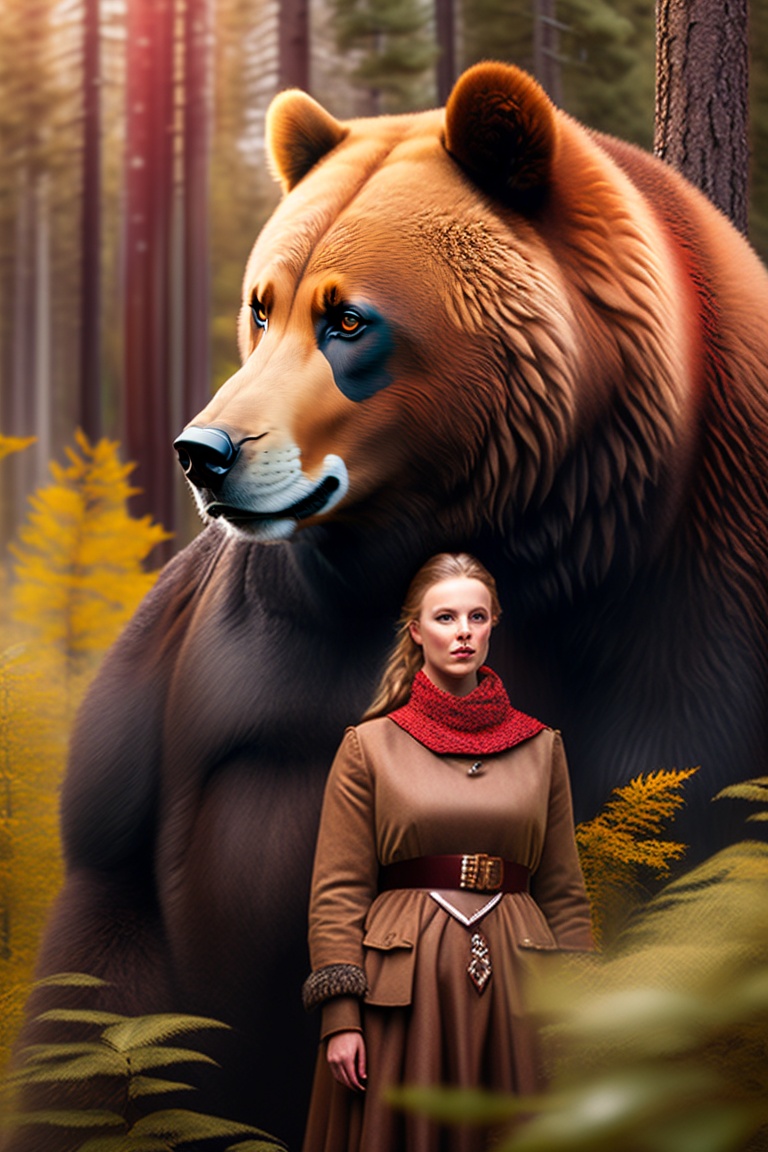 Lexica - A white nordic woman and a big brown bear (Ursus arctos) in an ...