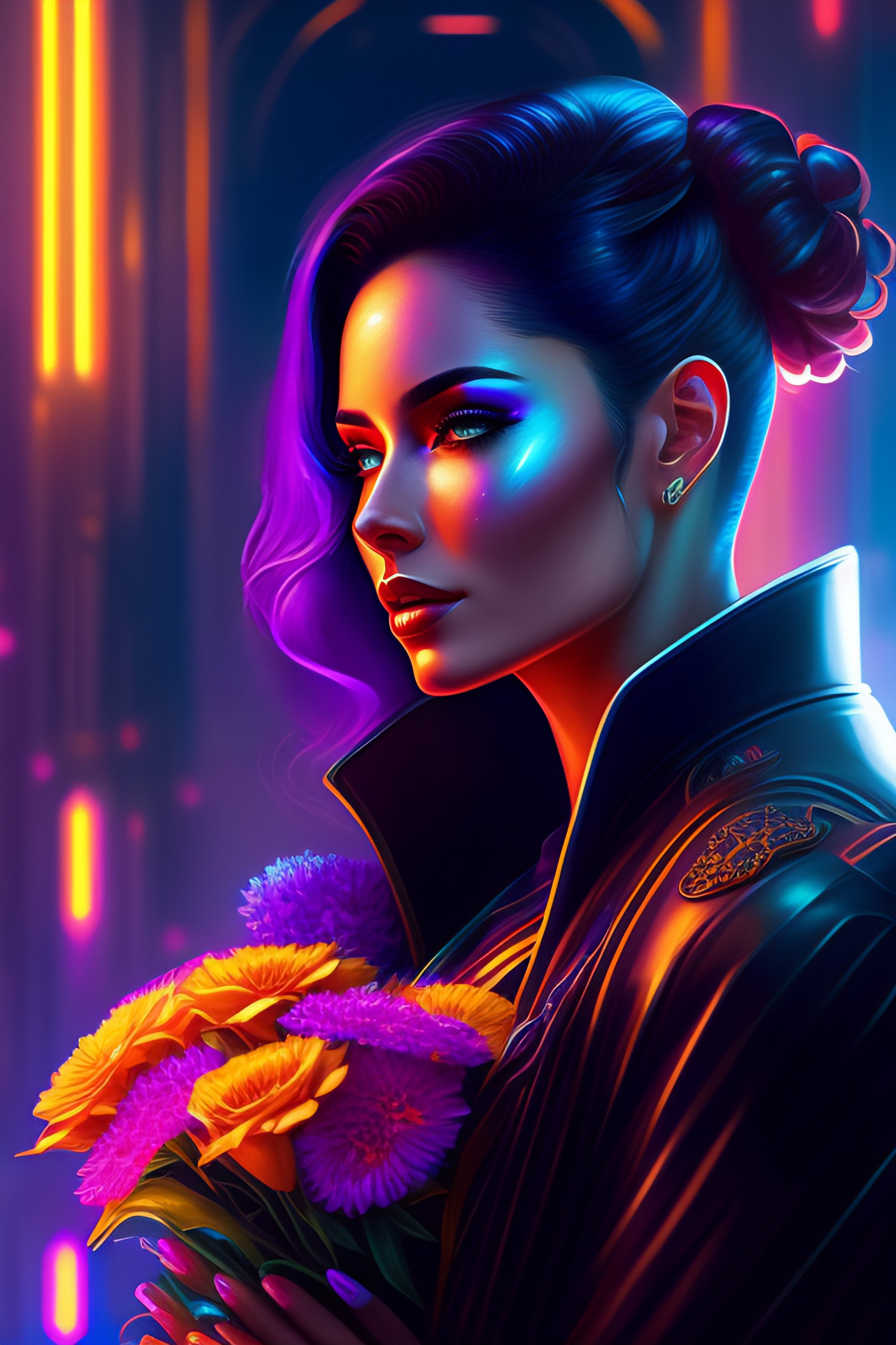 Lexica - An android man gives a bouquet of flowers to a beautiful human ...