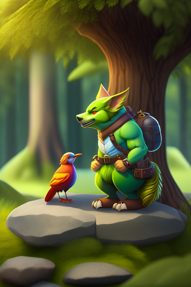 Lexica - The goblin in the forest among the trees sits on a stone next ...