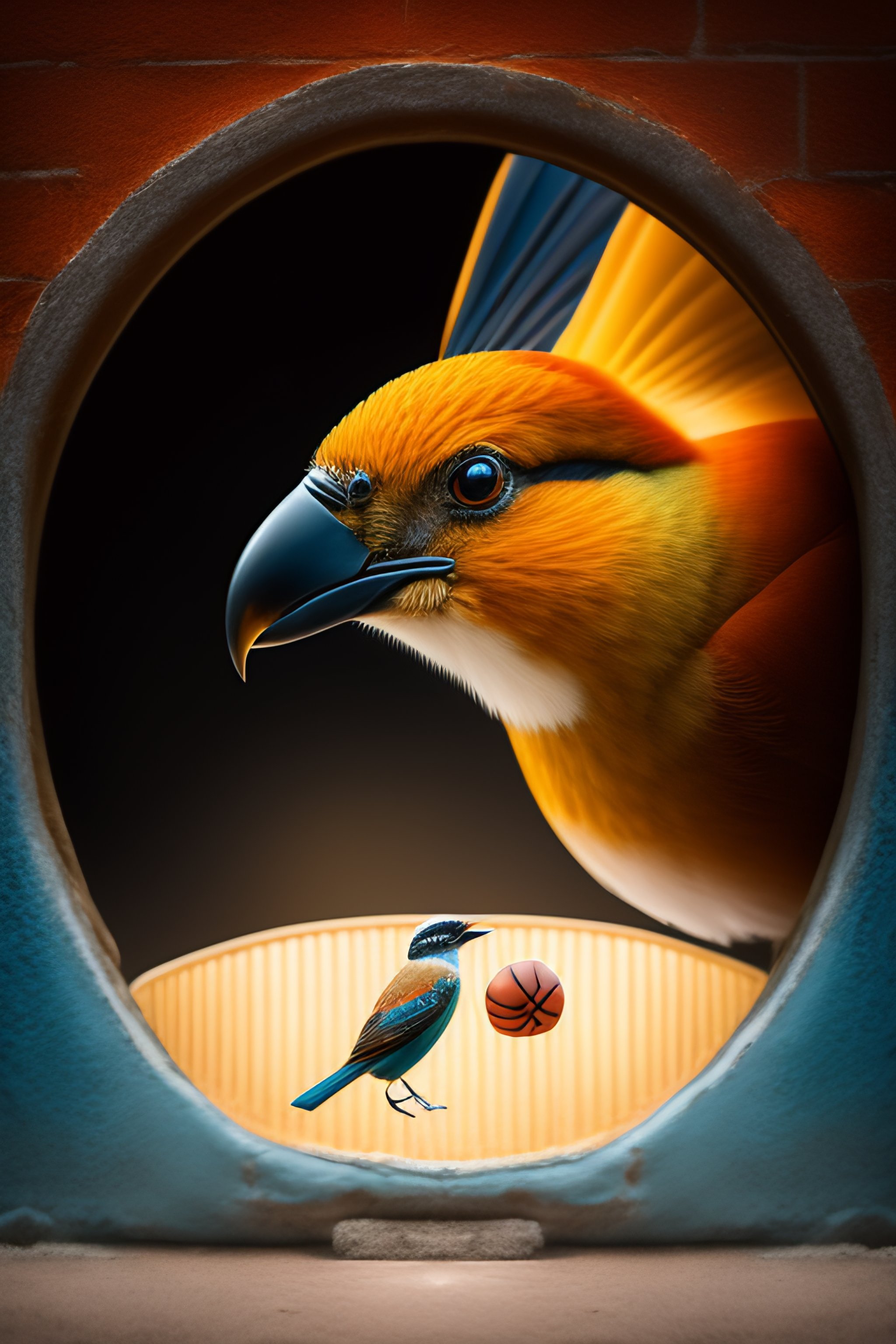 Lexica - Portrait of a bird playing basketball