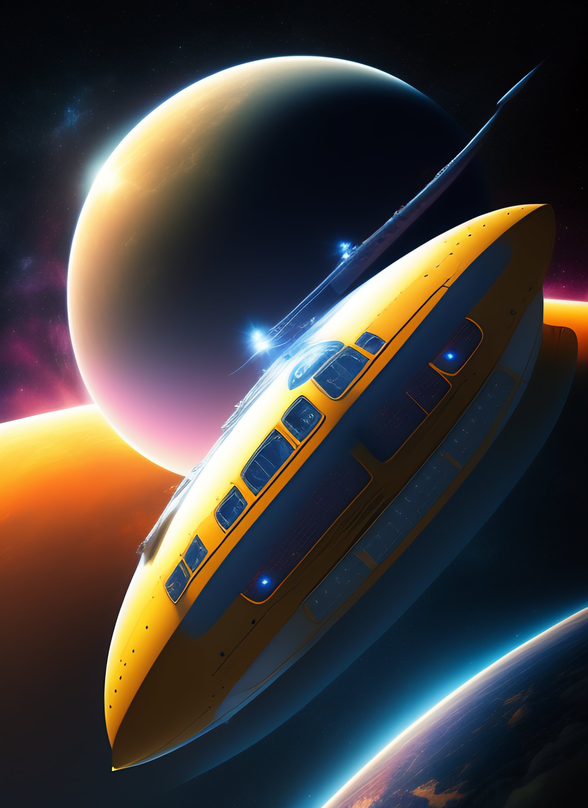 Lexica - Spaceship as plane in space, around the planet and stars